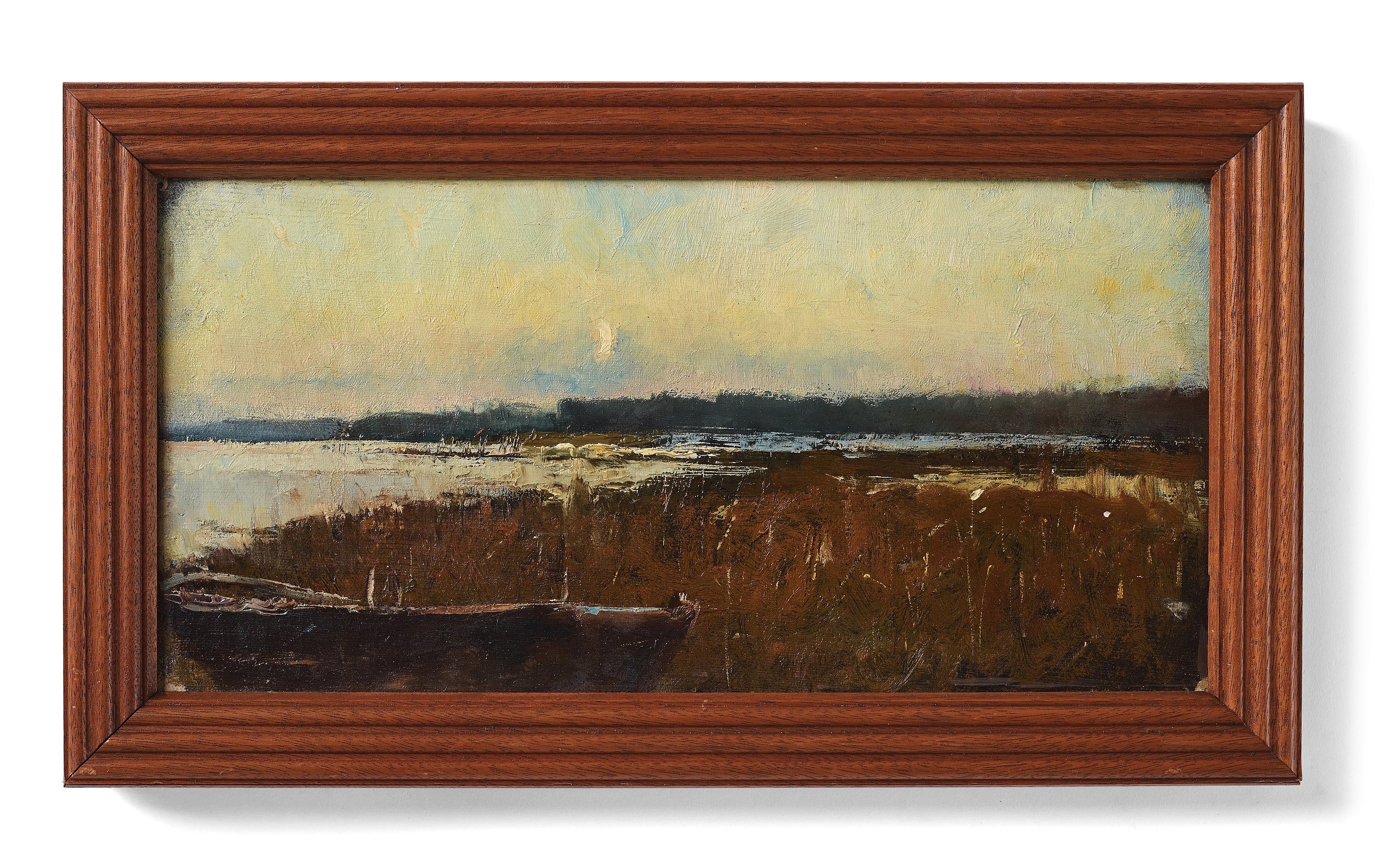 Maria Wiik, Skymningslandskap med uppdragen båt. - Bukowskis