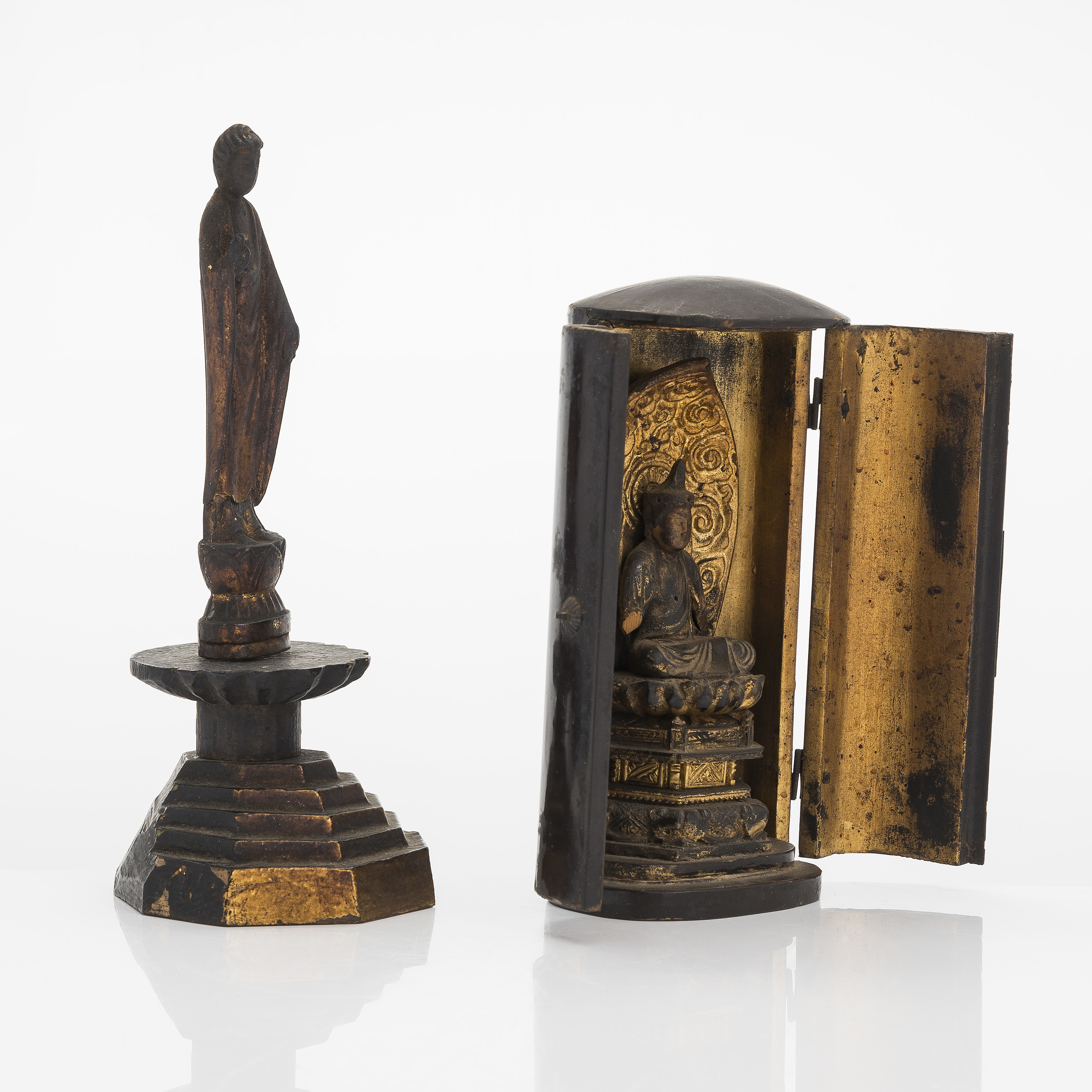 Two Japanese wooden Bodhisattva, one in zushi shrine, 19th century ...