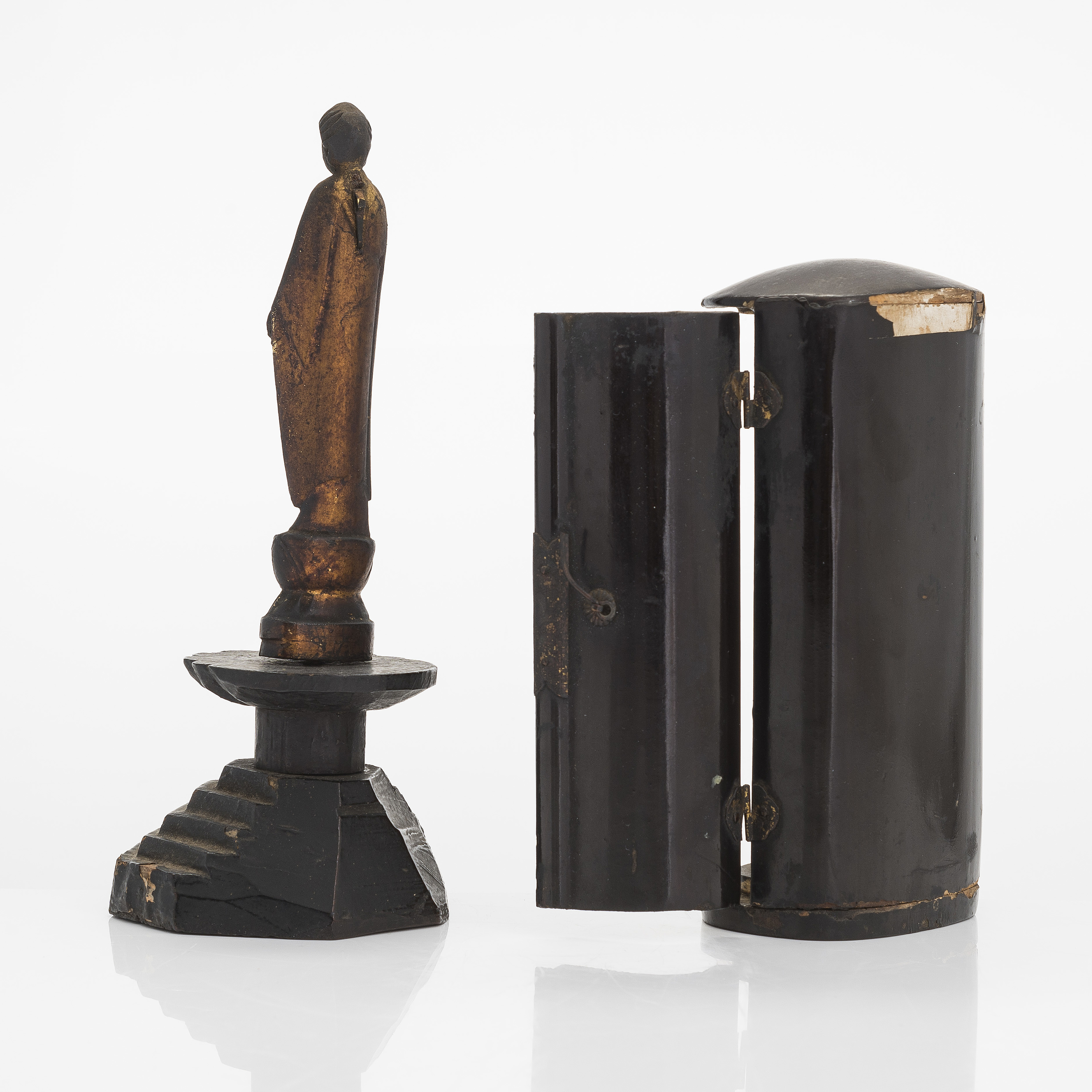 Two Japanese wooden Bodhisattva, one in zushi shrine, 19th century ...