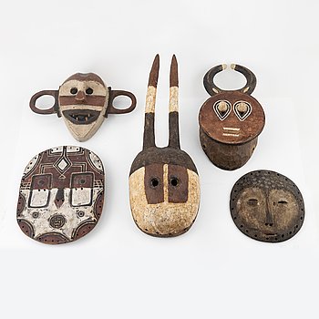 Five mask reportedly from Babole, Burkina Faso, Boe, Congo, and moore ...