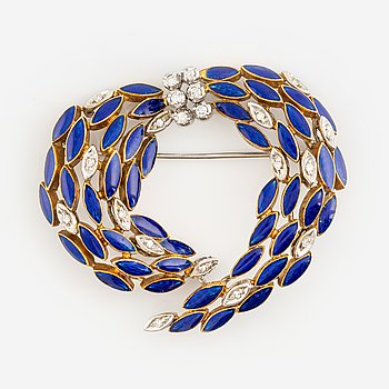 18K gold, eight cut diamond and enamel brooch. - Bukowskis