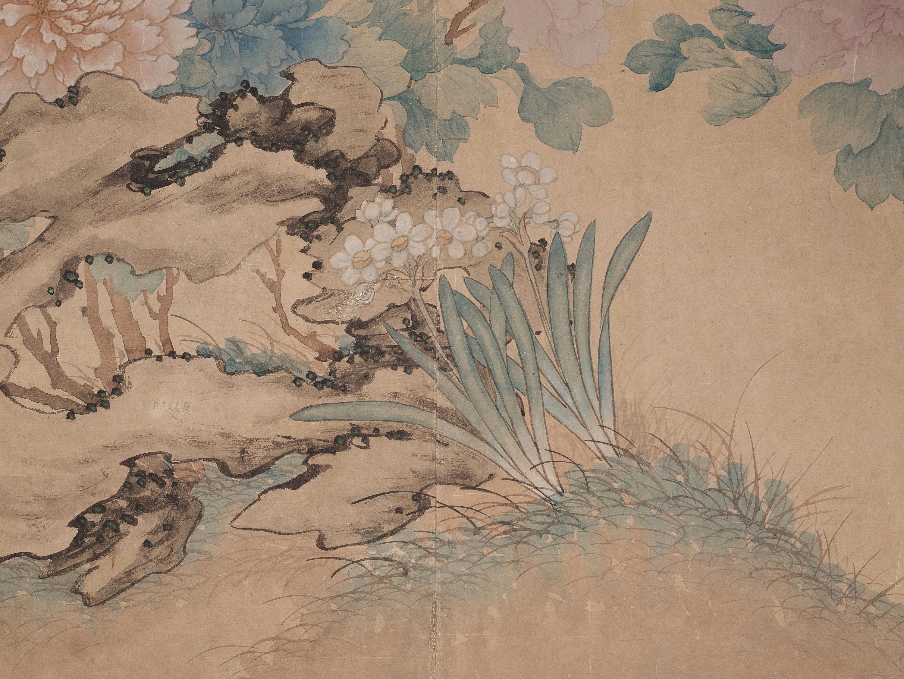 A Chinese scroll painting/wall paper-panel, ink and colour on paper ...