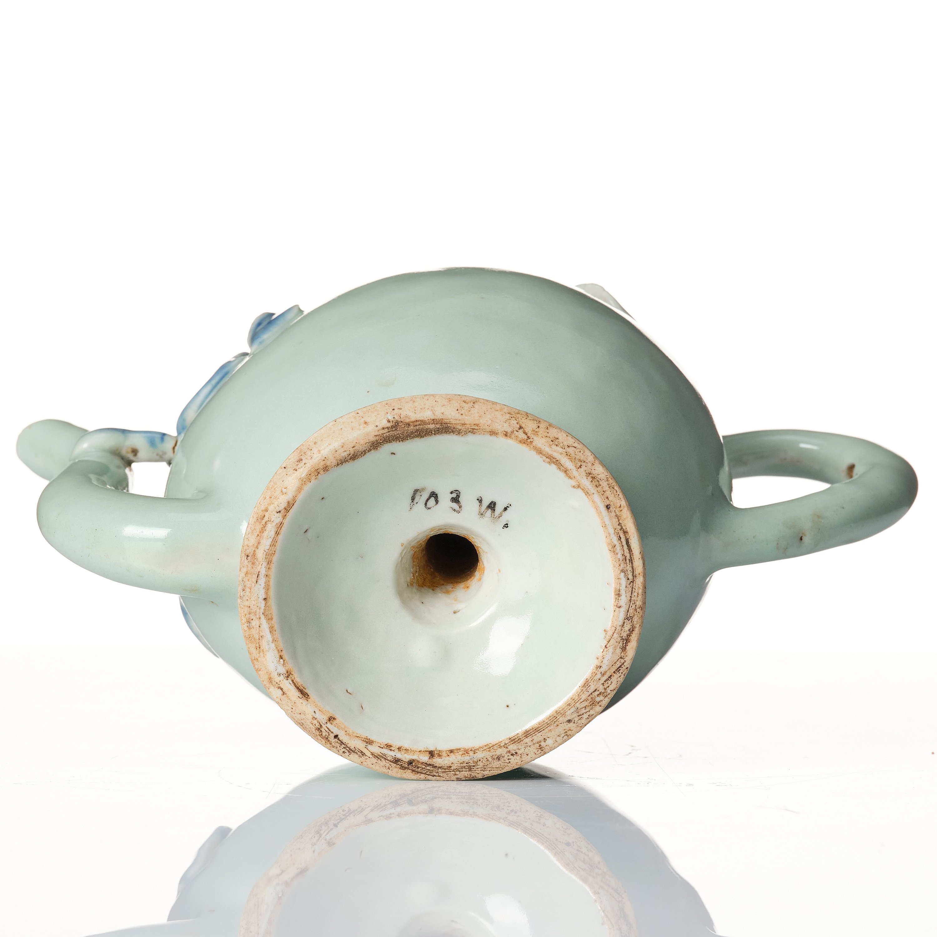 A celadon and underglaze blue and red glazed Cadogan tea pot, Qing ...