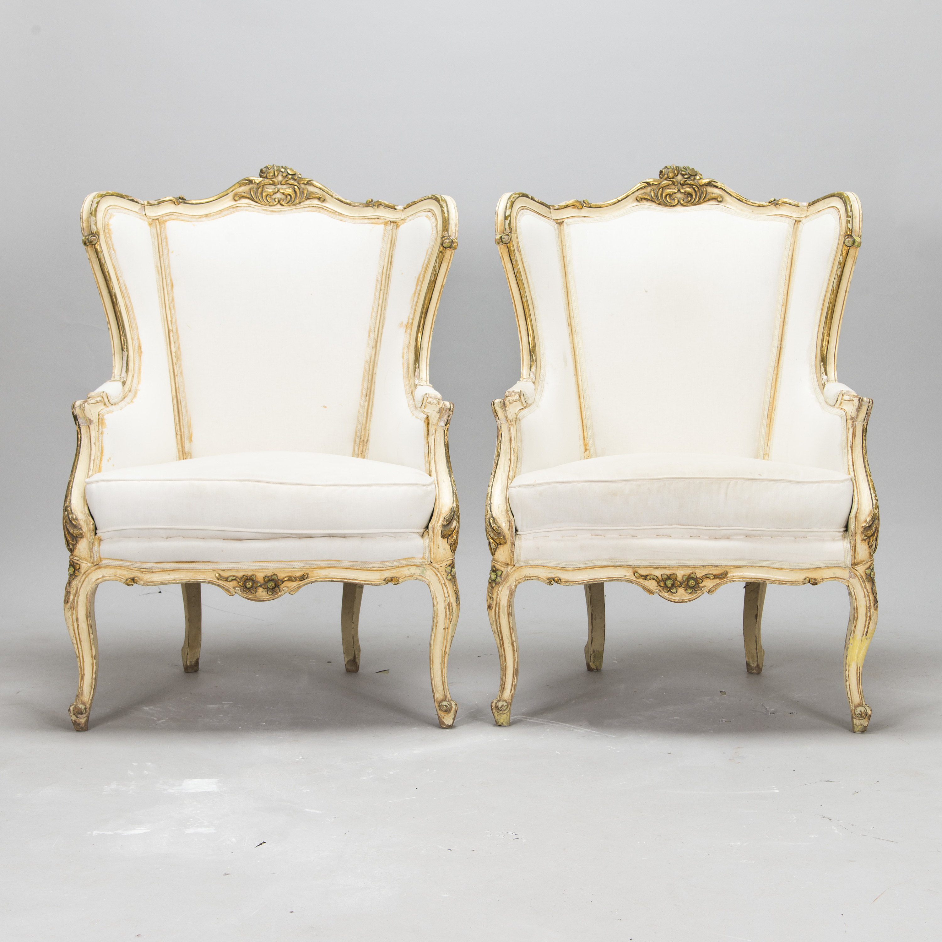 A pair of louis quinze style bergerer armchairs, first part of the 20th ...