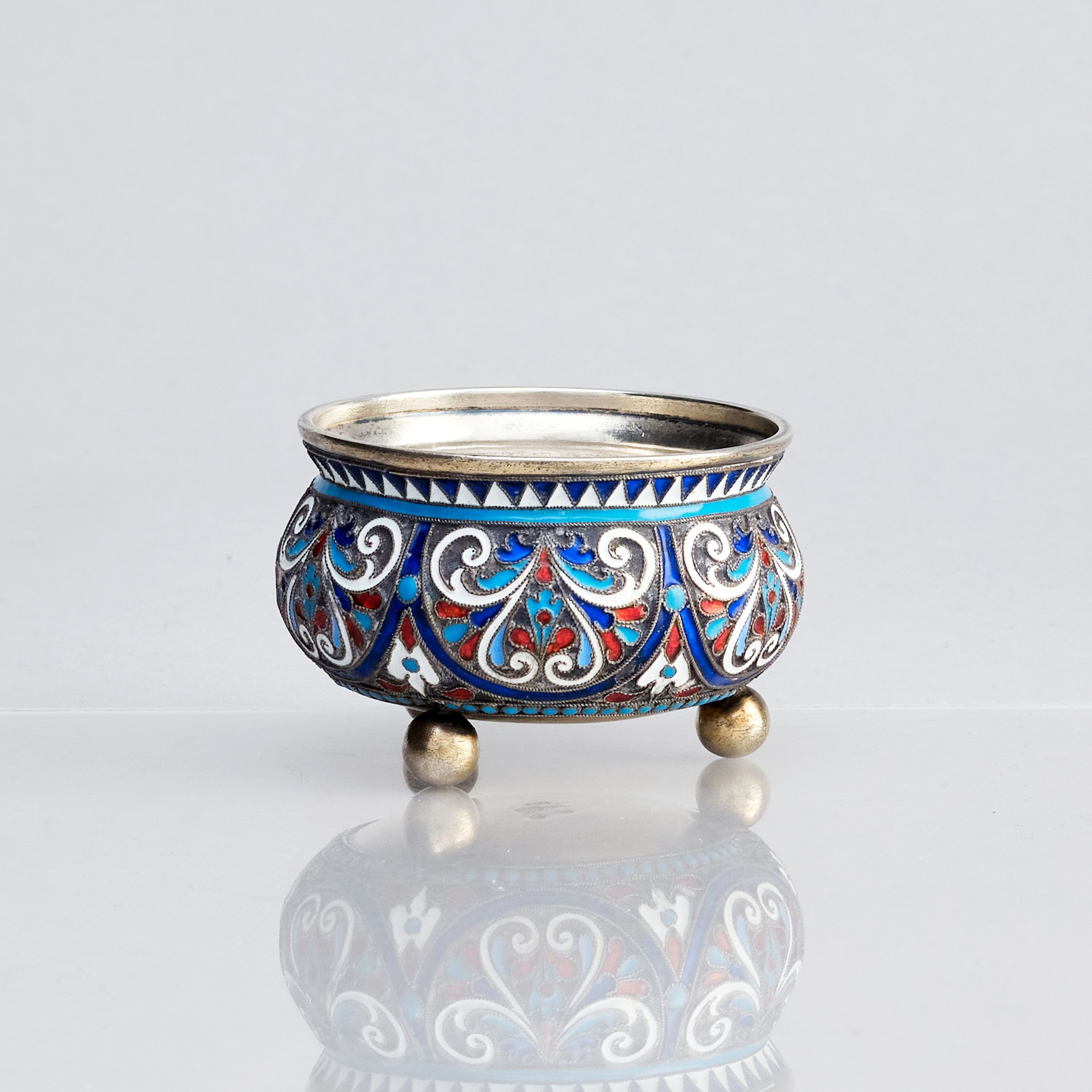 A Russian cloisonné enamel, silver salt cellar, mark of Nikolai ...