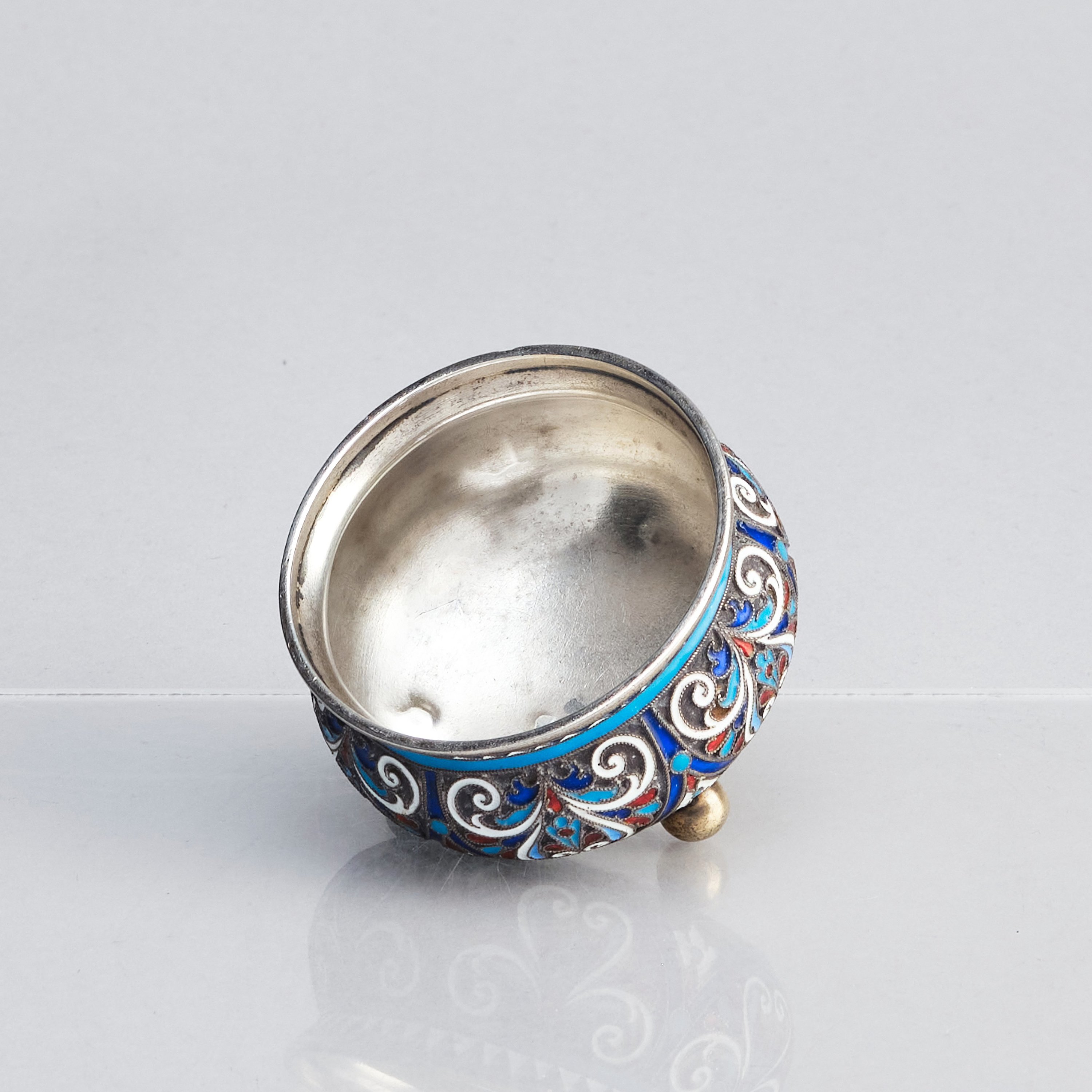 A Russian cloisonné enamel, silver salt cellar, mark of Nikolai ...