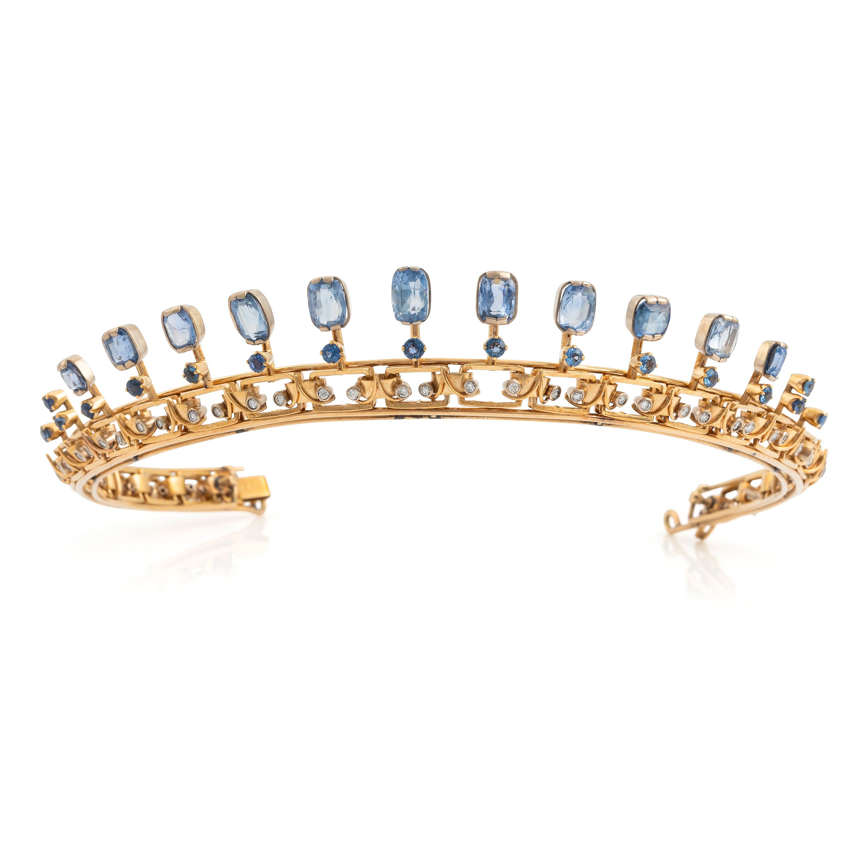 Tiara/collier 18K guld med safirer och runda briljantslipade diamanter ...