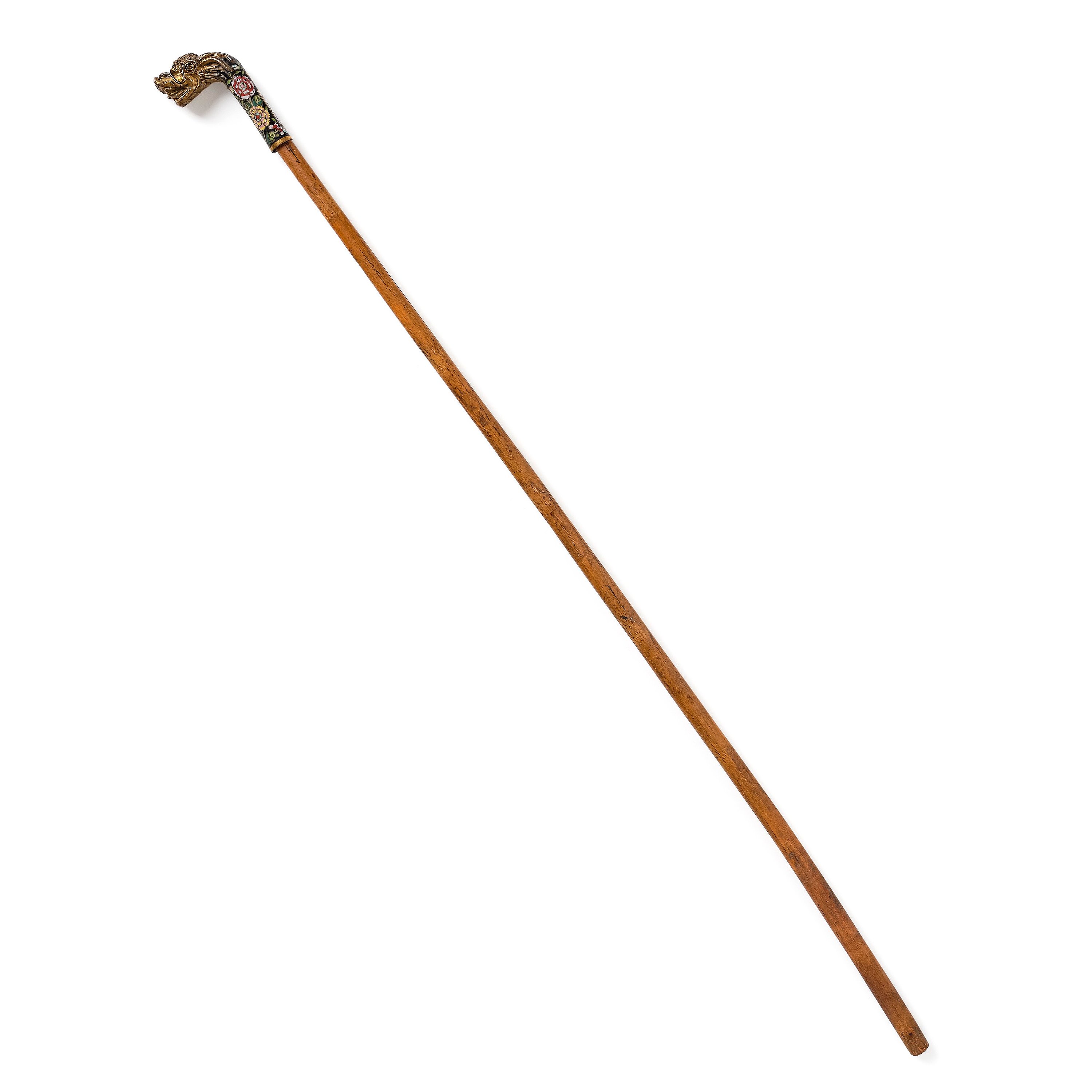 A Chinese bamboo walking cane with a cloisonné handle, late Qing ...