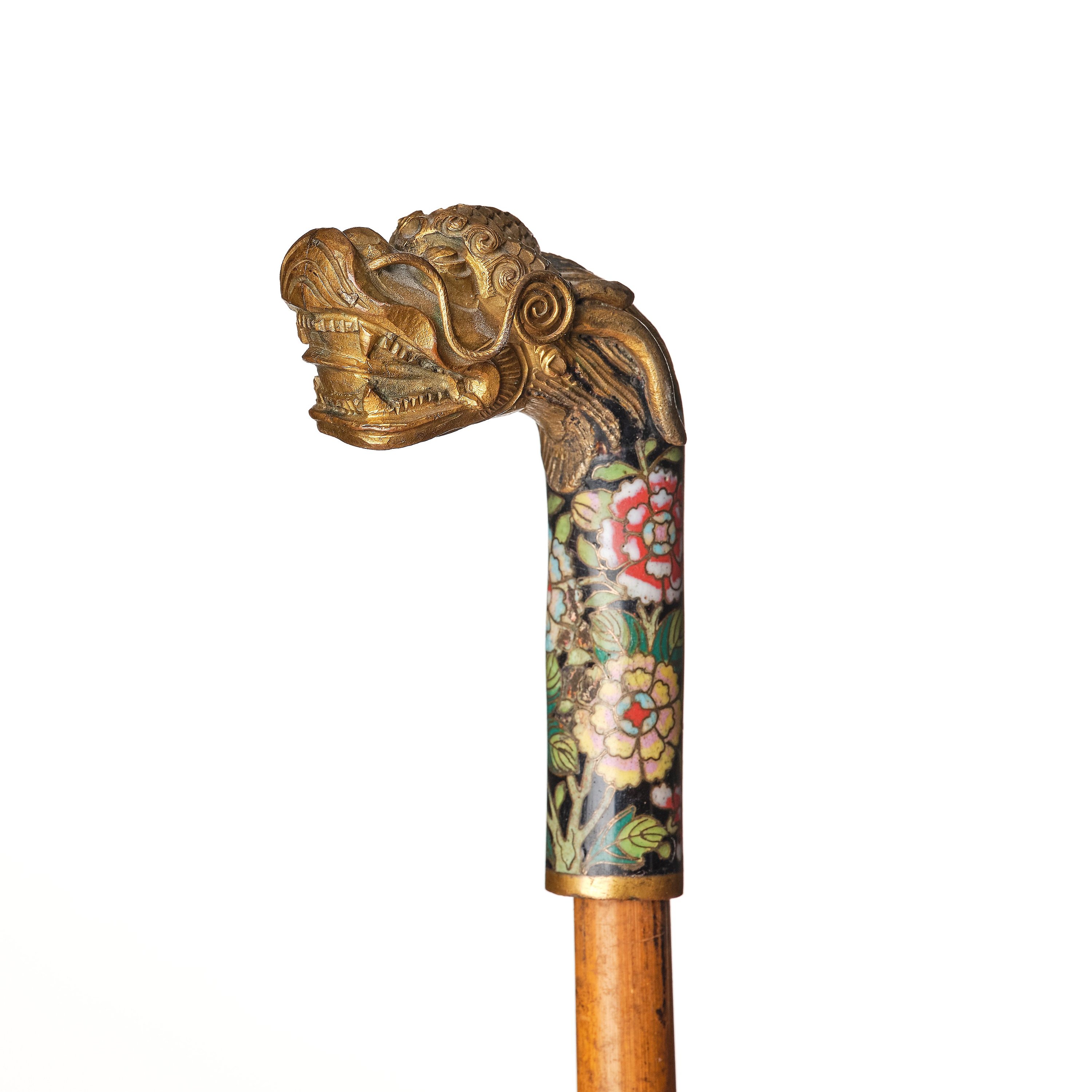 A Chinese bamboo walking cane with a cloisonné handle, late Qing ...