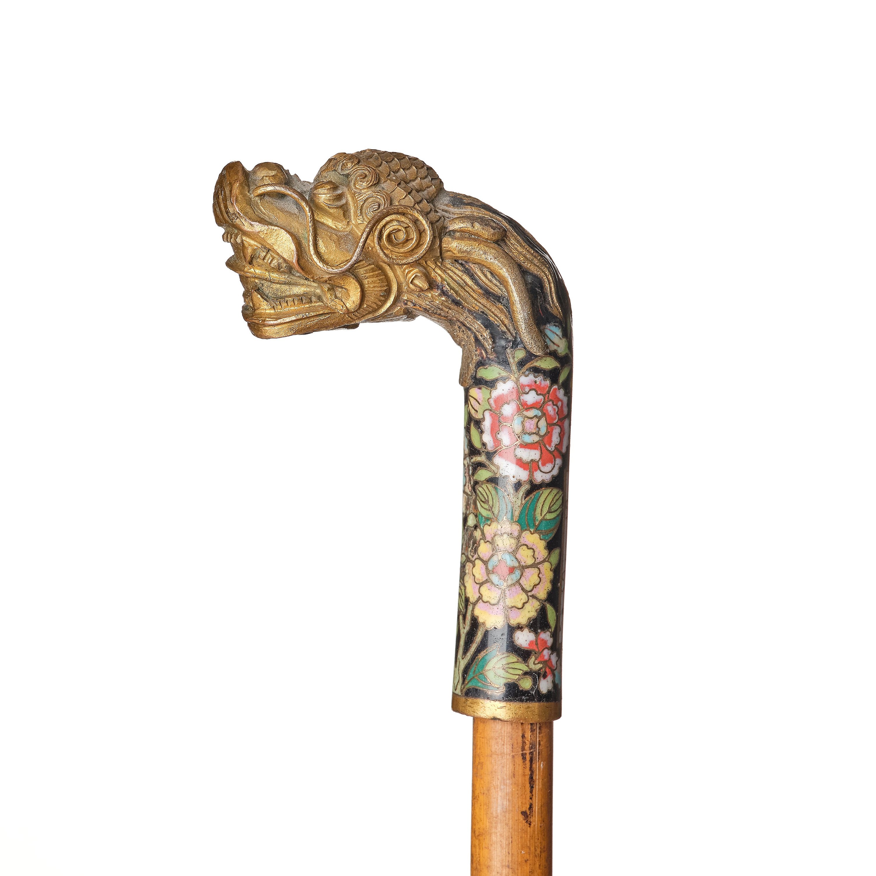 A Chinese bamboo walking cane with a cloisonné handle, late Qing ...