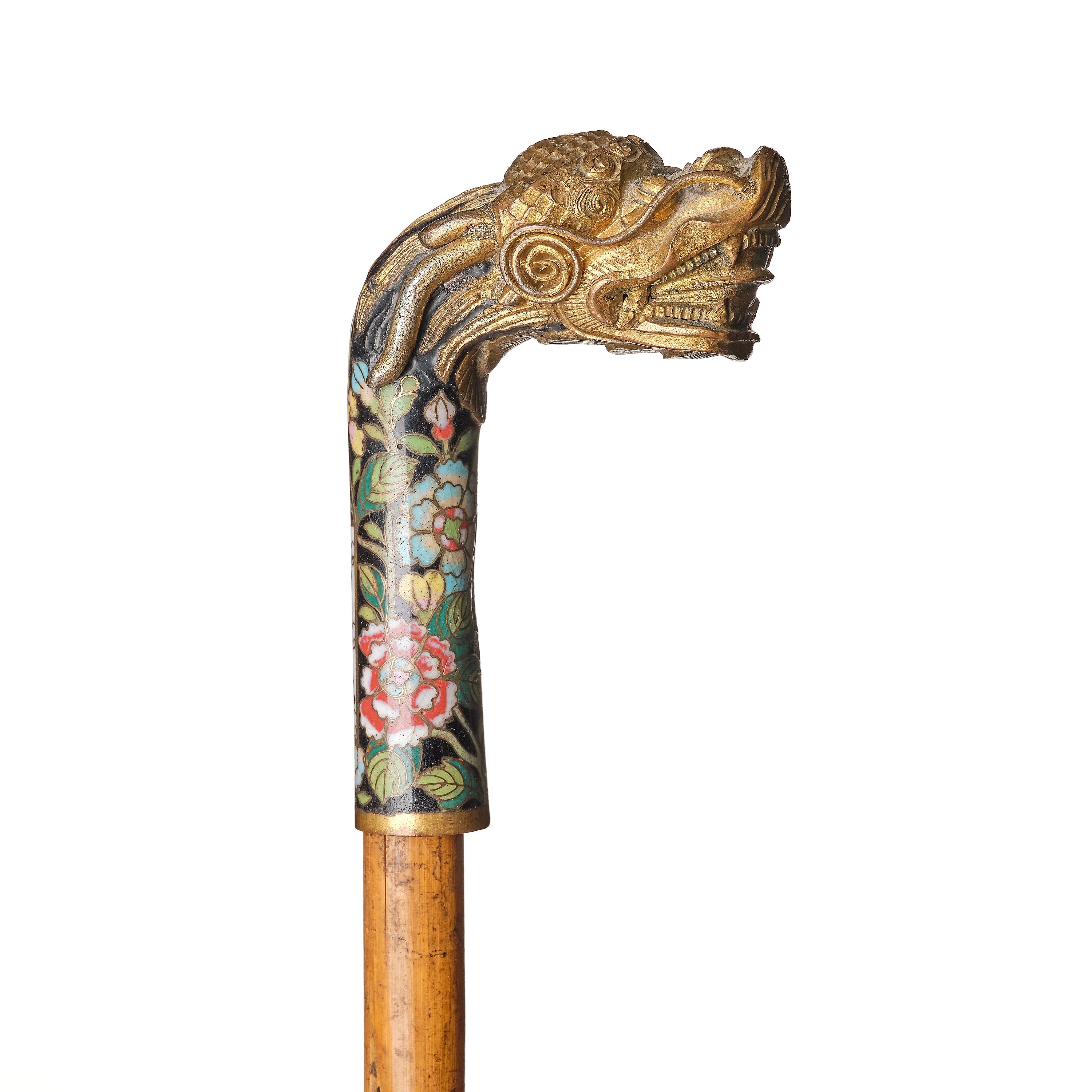 A Chinese bamboo walking cane with a cloisonné handle, late Qing ...