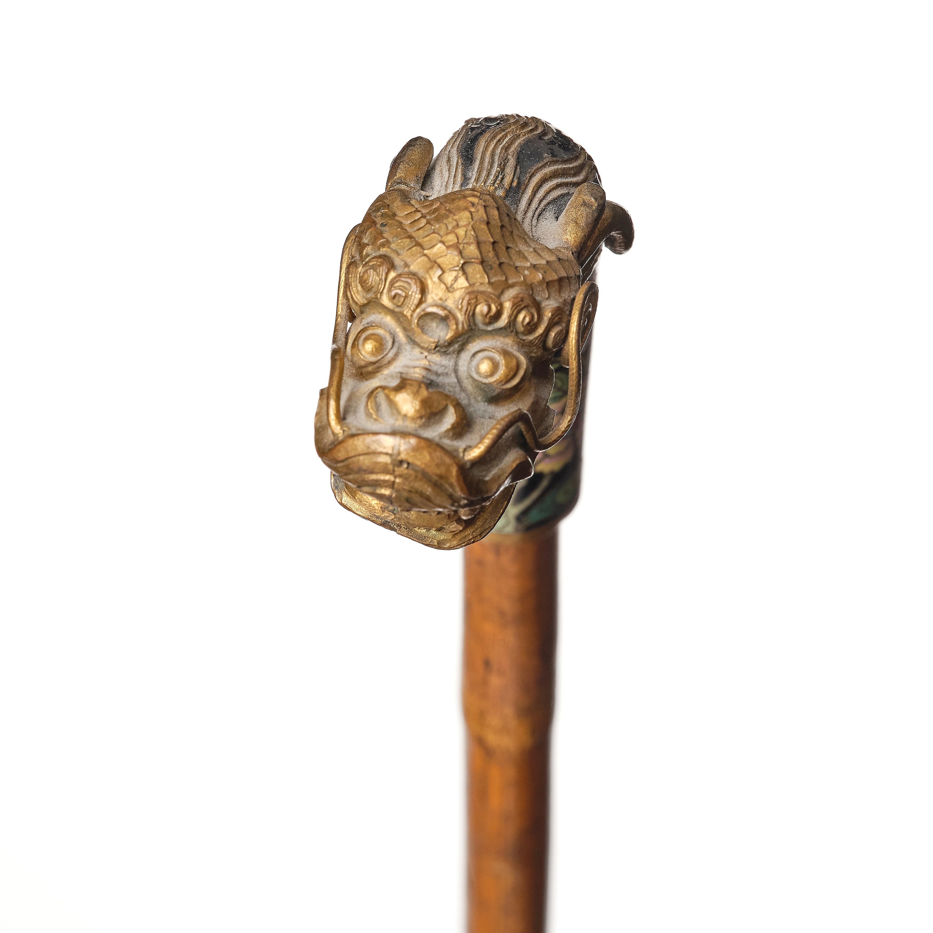 A Chinese bamboo walking cane with a cloisonné handle, late Qing ...