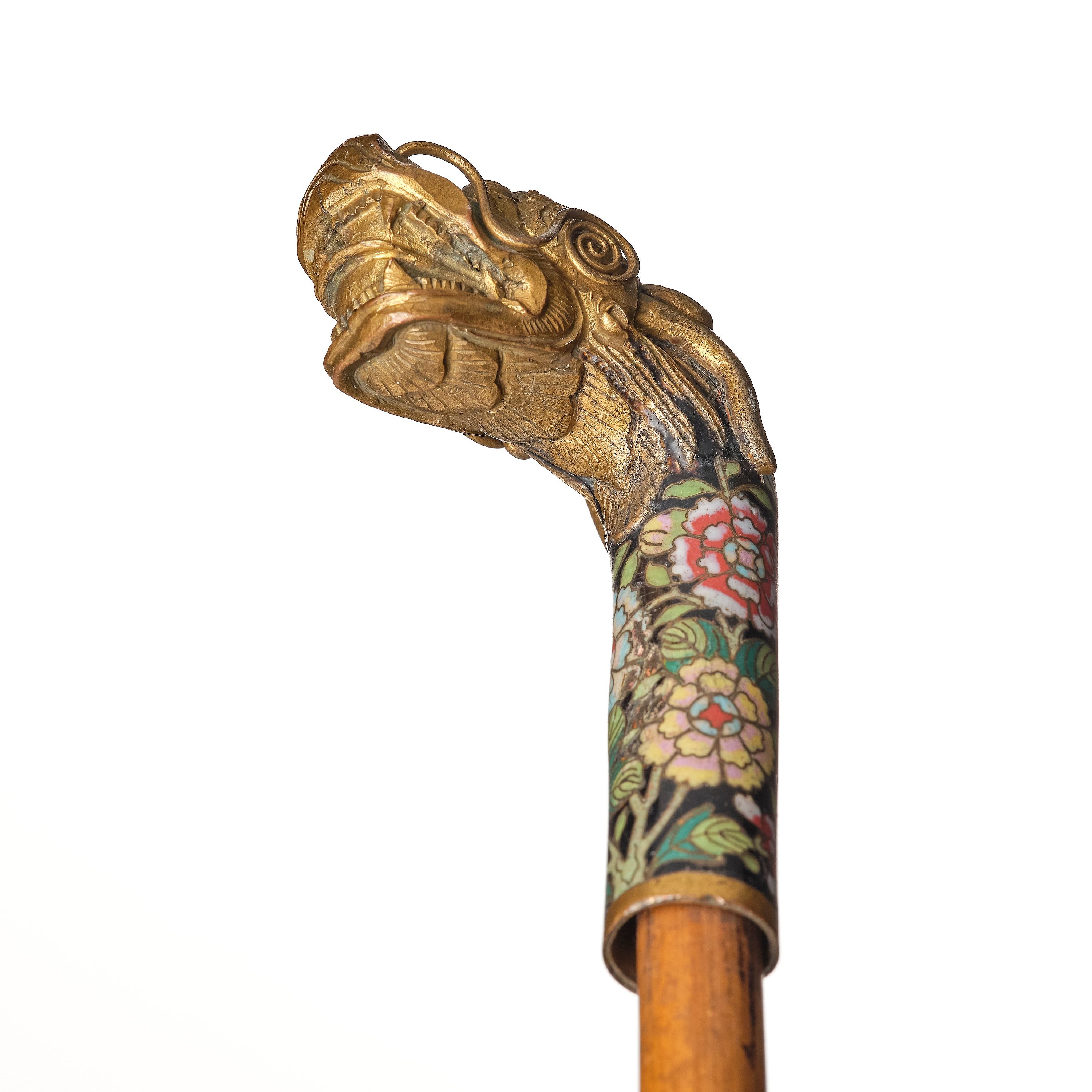 A Chinese bamboo walking cane with a cloisonné handle, late Qing ...
