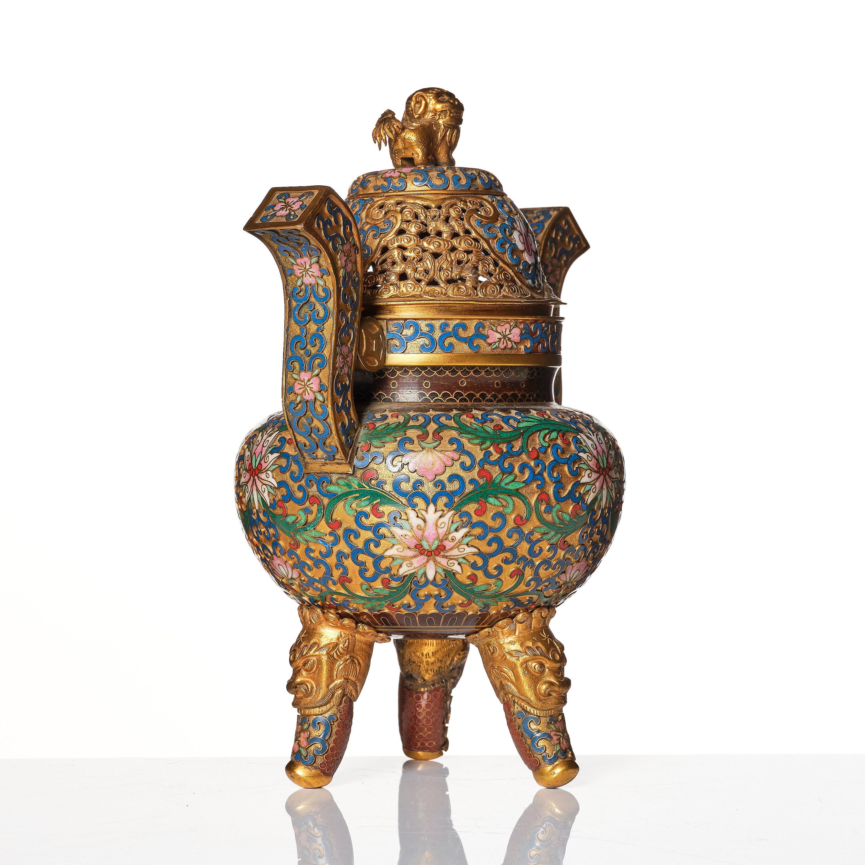 A gilt copper alloy cloisonné censer with cover, late Qing dynasty ...