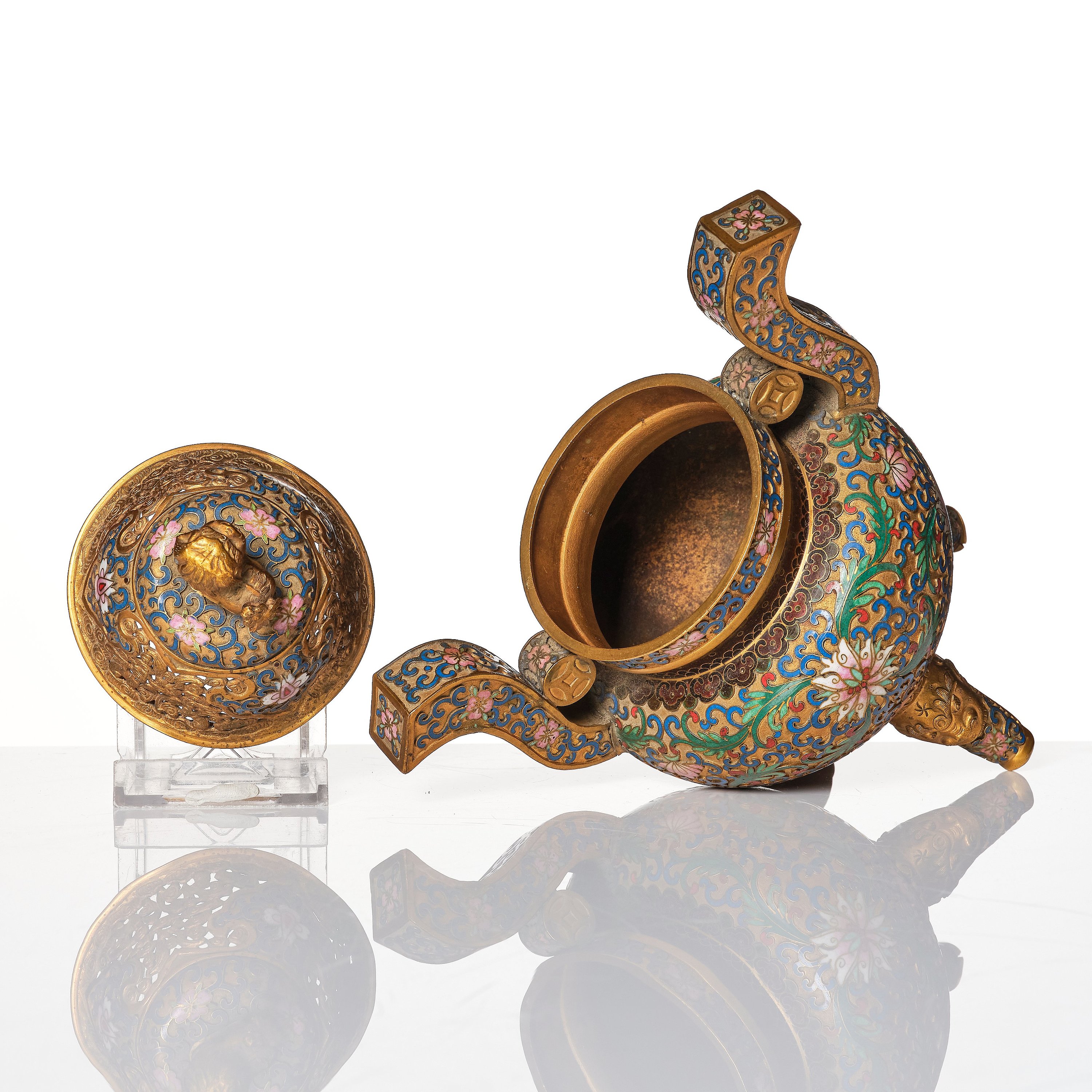 A gilt copper alloy cloisonné censer with cover, late Qing dynasty ...