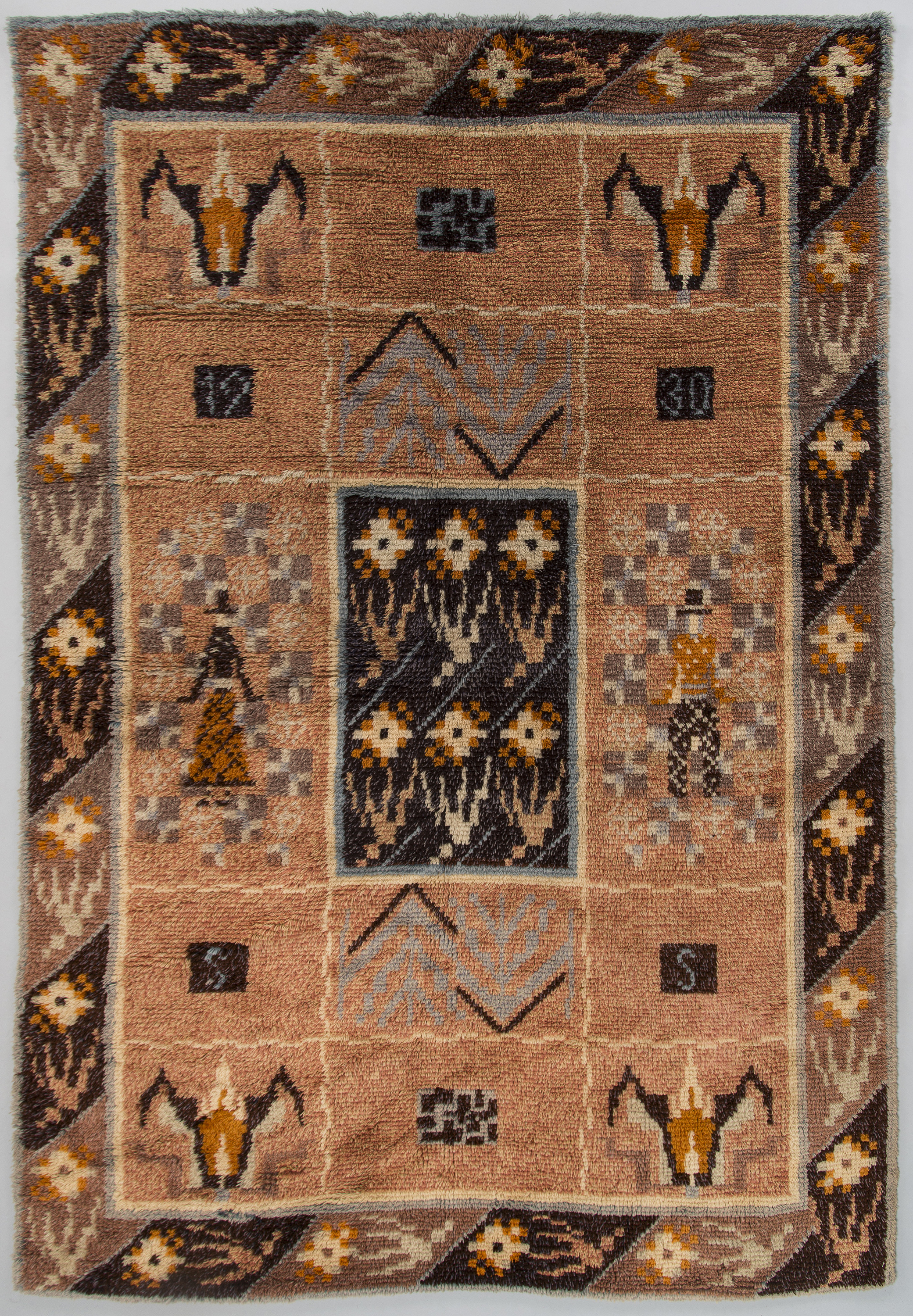 Laila Karttunen, a Finnish long pile ryijy rug for Wetterhoff, dated ...