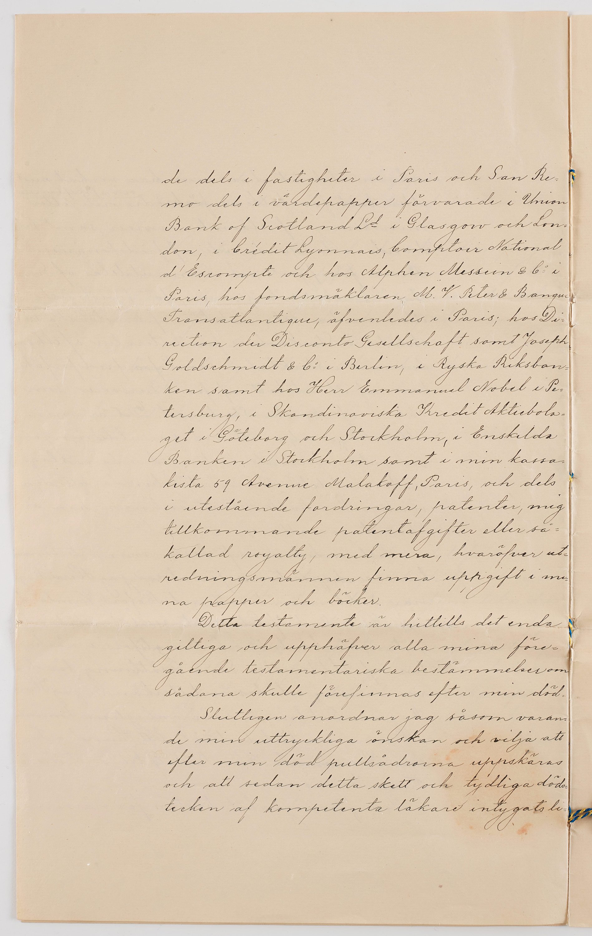 The envelope for Alfred Nobel's will from 1895, titled by his own hand ...