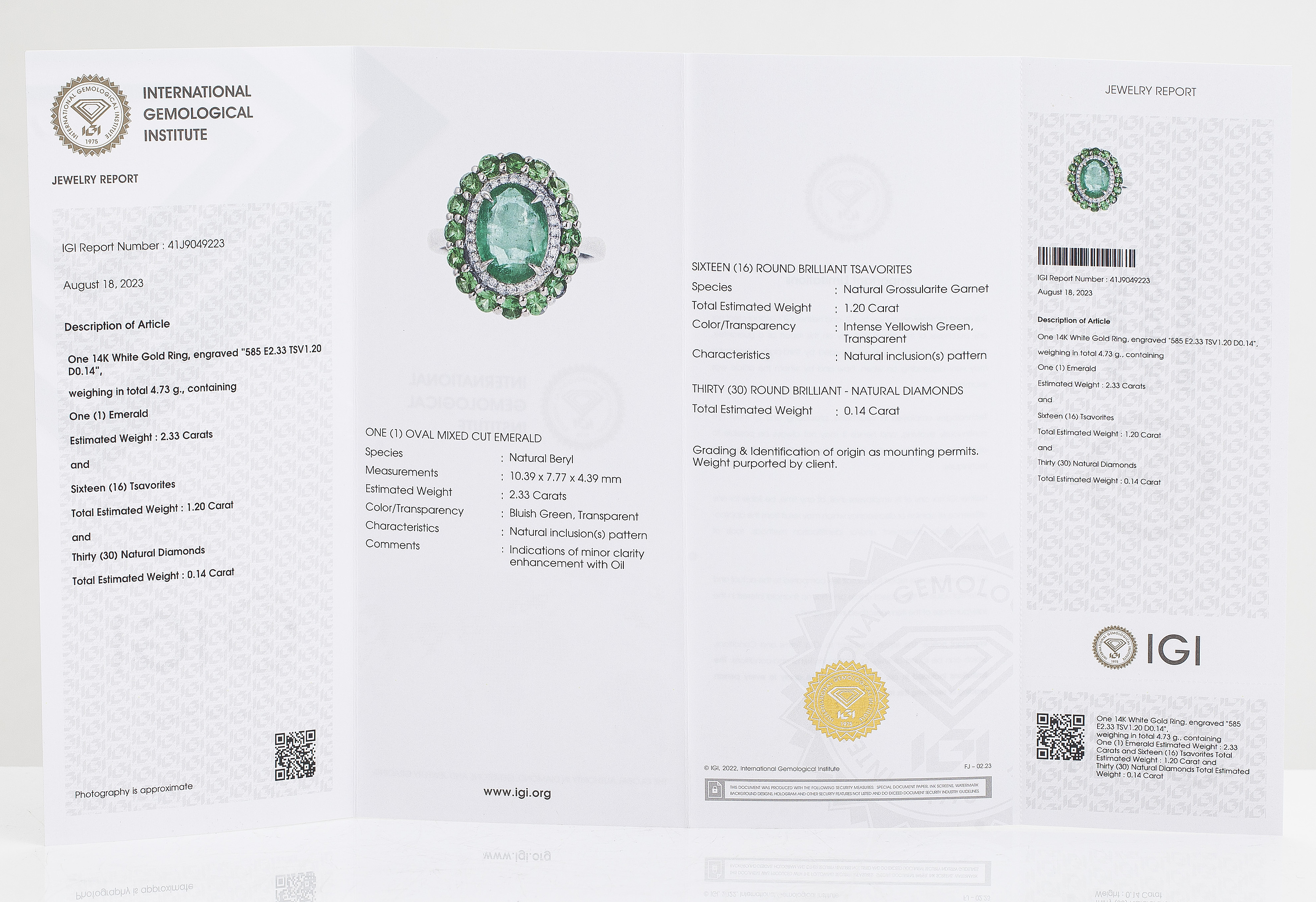 Sormus 14K Valkokultaa Smaragdi N 2 33ct Tsavoriitteja N 1 20 Ct
