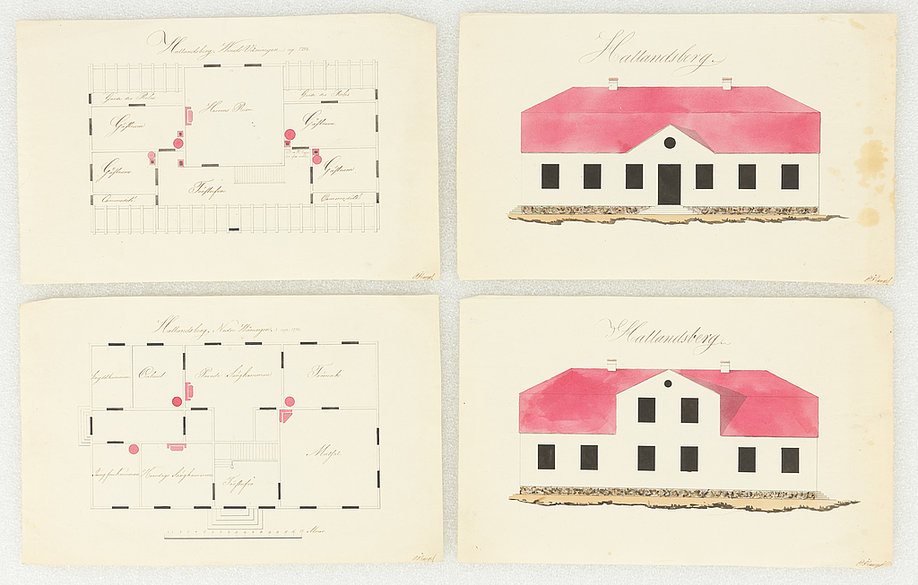 Ritningar till herrgård, 4 st, 1700-tal, "Hallandsberg". - Bukowskis
