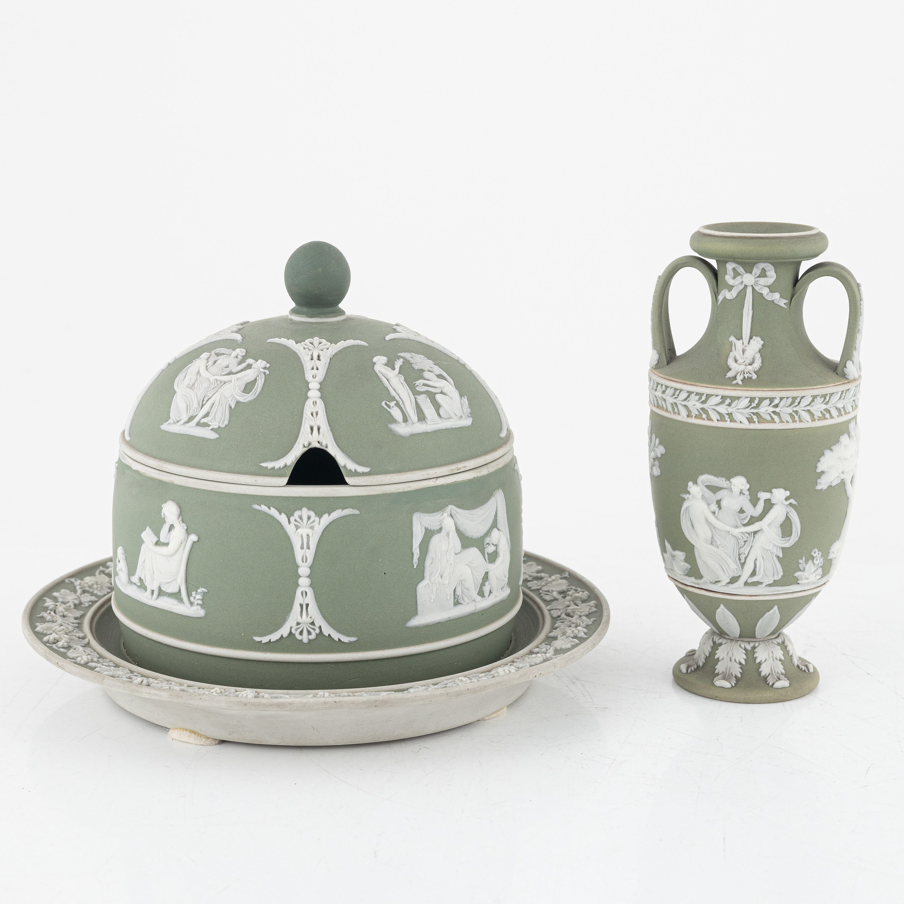 Four pieces of jasperware, Wedgwood, and a pair of jasperware ...