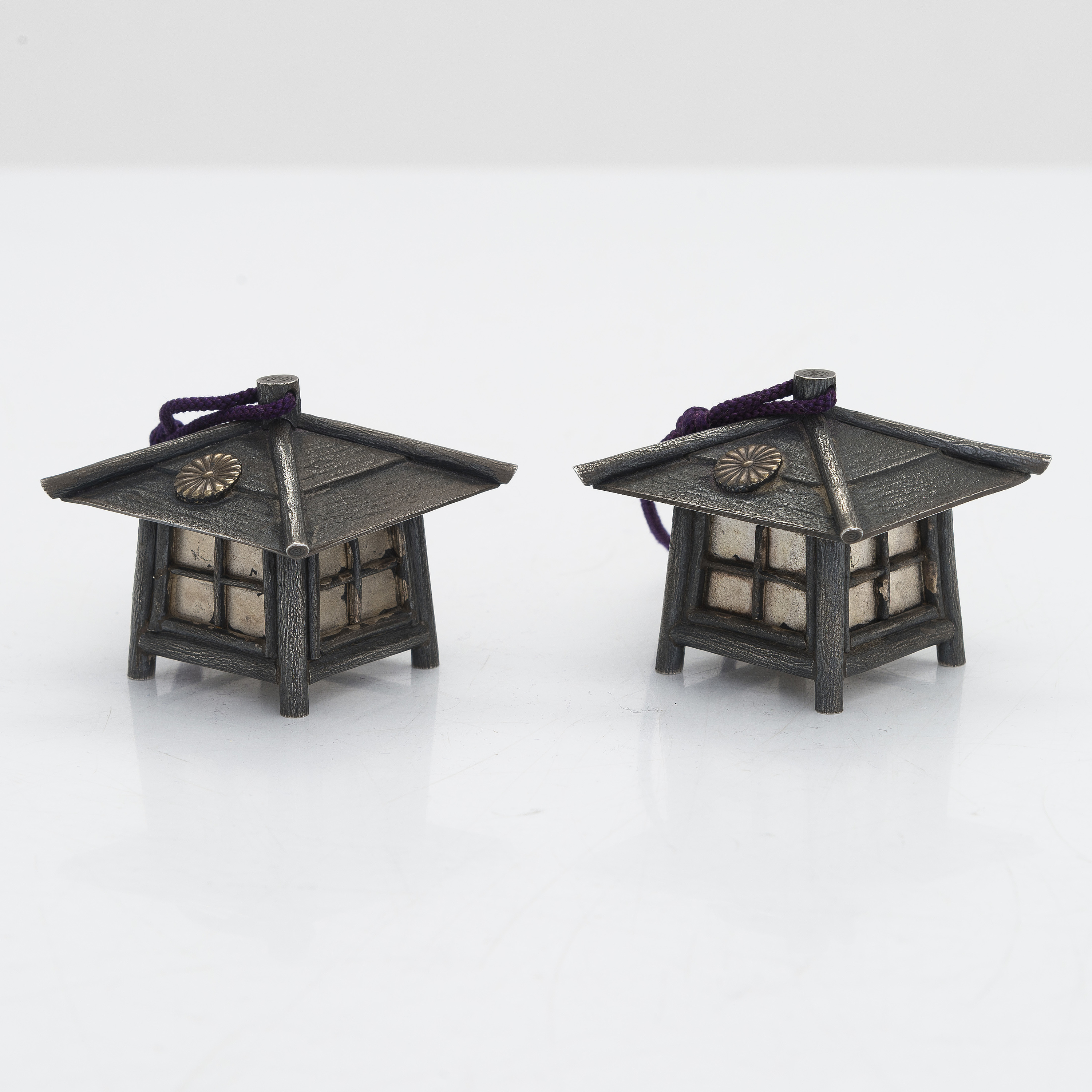 A pair of Japanese sterling silver lantern shape boxes, jungin mark for ...