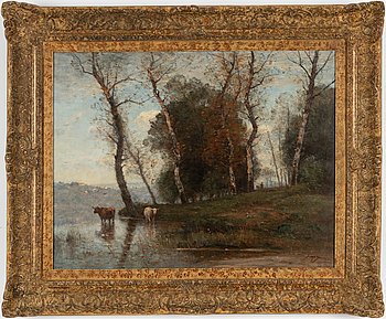 Louis Aime Japy, French River Landscape with Cows. - Bukowskis
