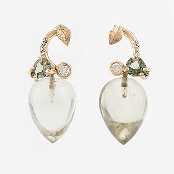 Earrings with drop-shaped green quartz, tourmalines, and brilliant-cut ...