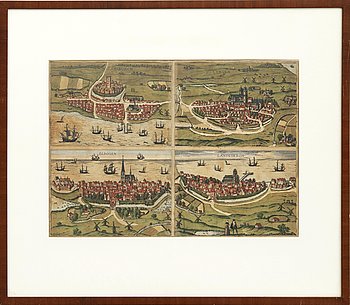 Georg Braun & Franz Hogenberg, four Scanian cities hand-colored copper ...