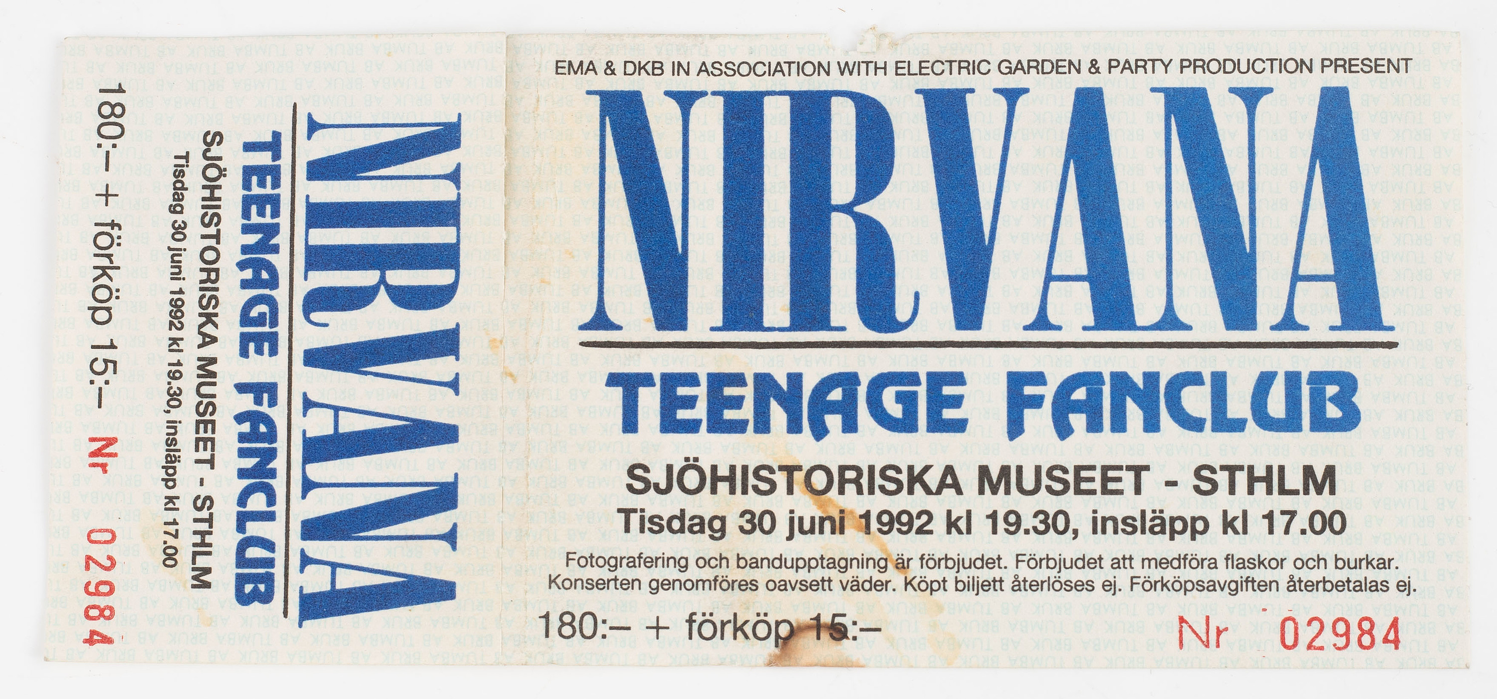 Nirvana, "Nevermind", LP, 1991, and a Nirvana concert ticket ...
