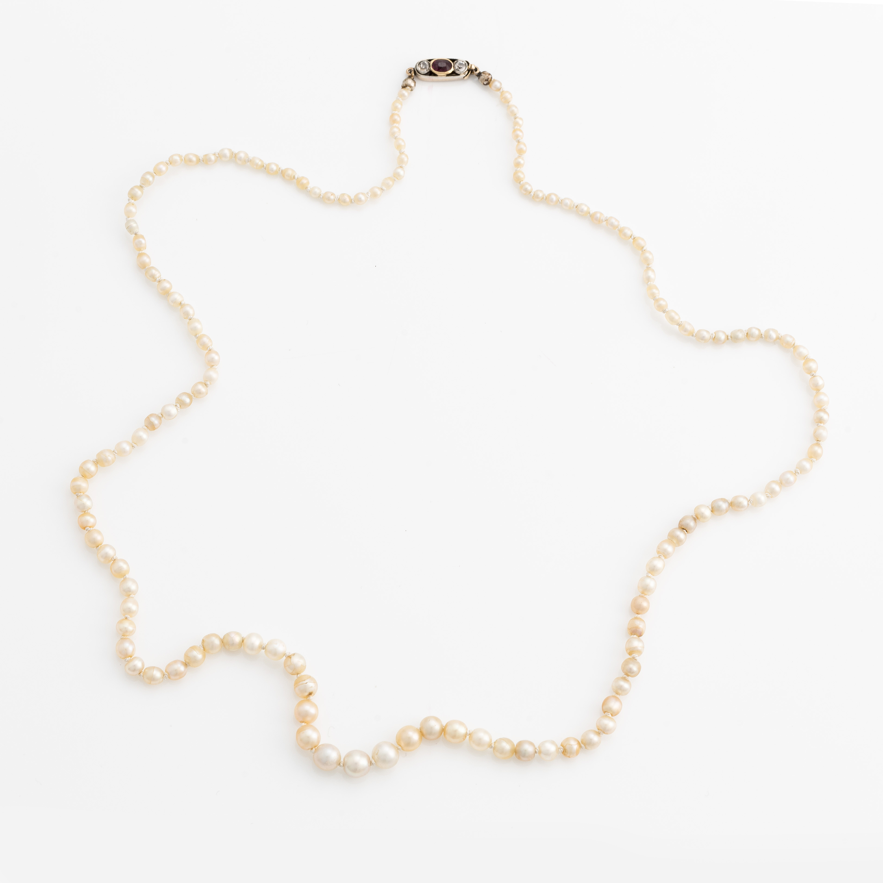 Pearl necklace, graduated pearls, with clasp featuring two old-cut ...