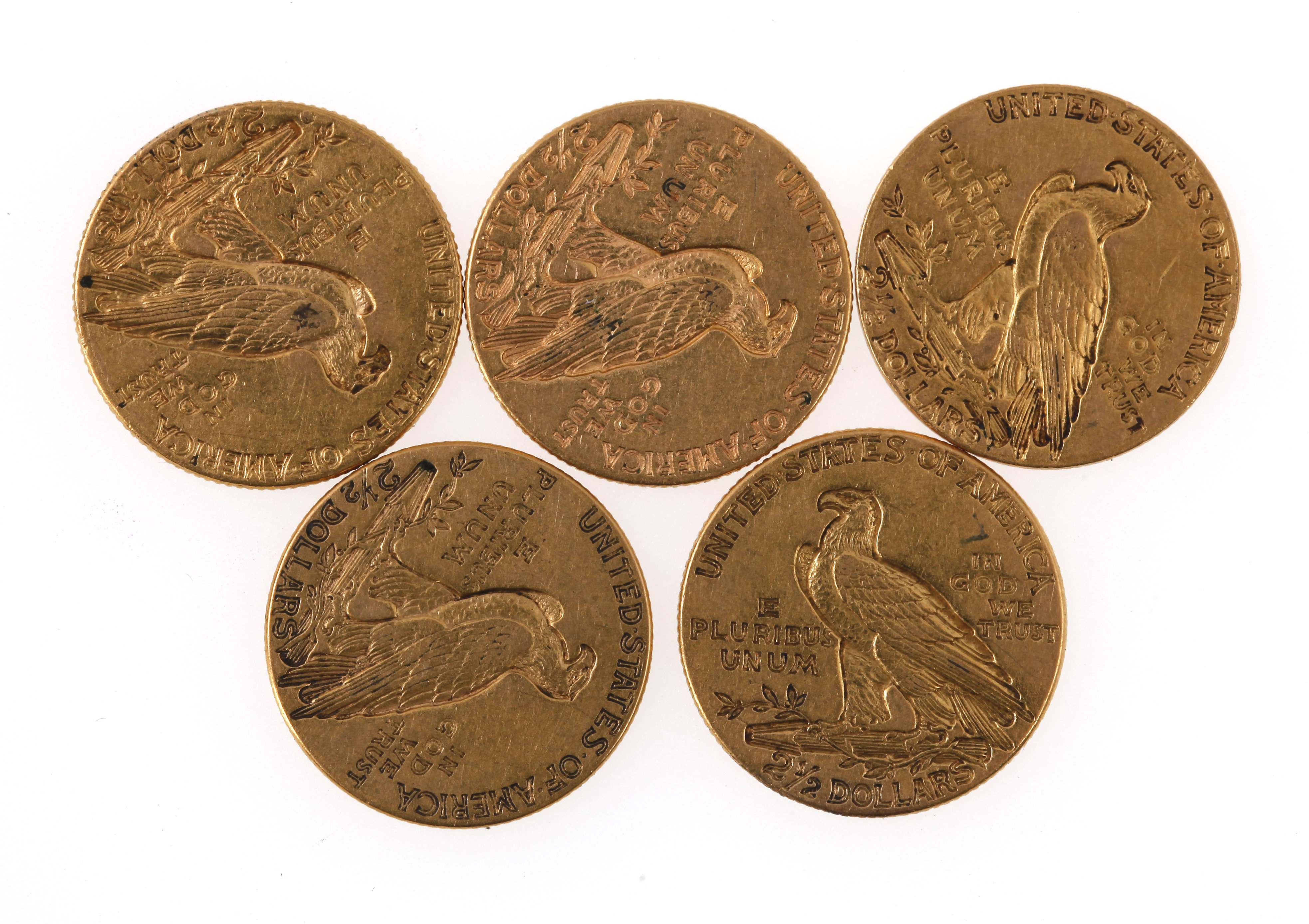 GULDMYNT, 5 st, "Indian dollar", USA, 1910-1926. Totalvikt 20 gram ...