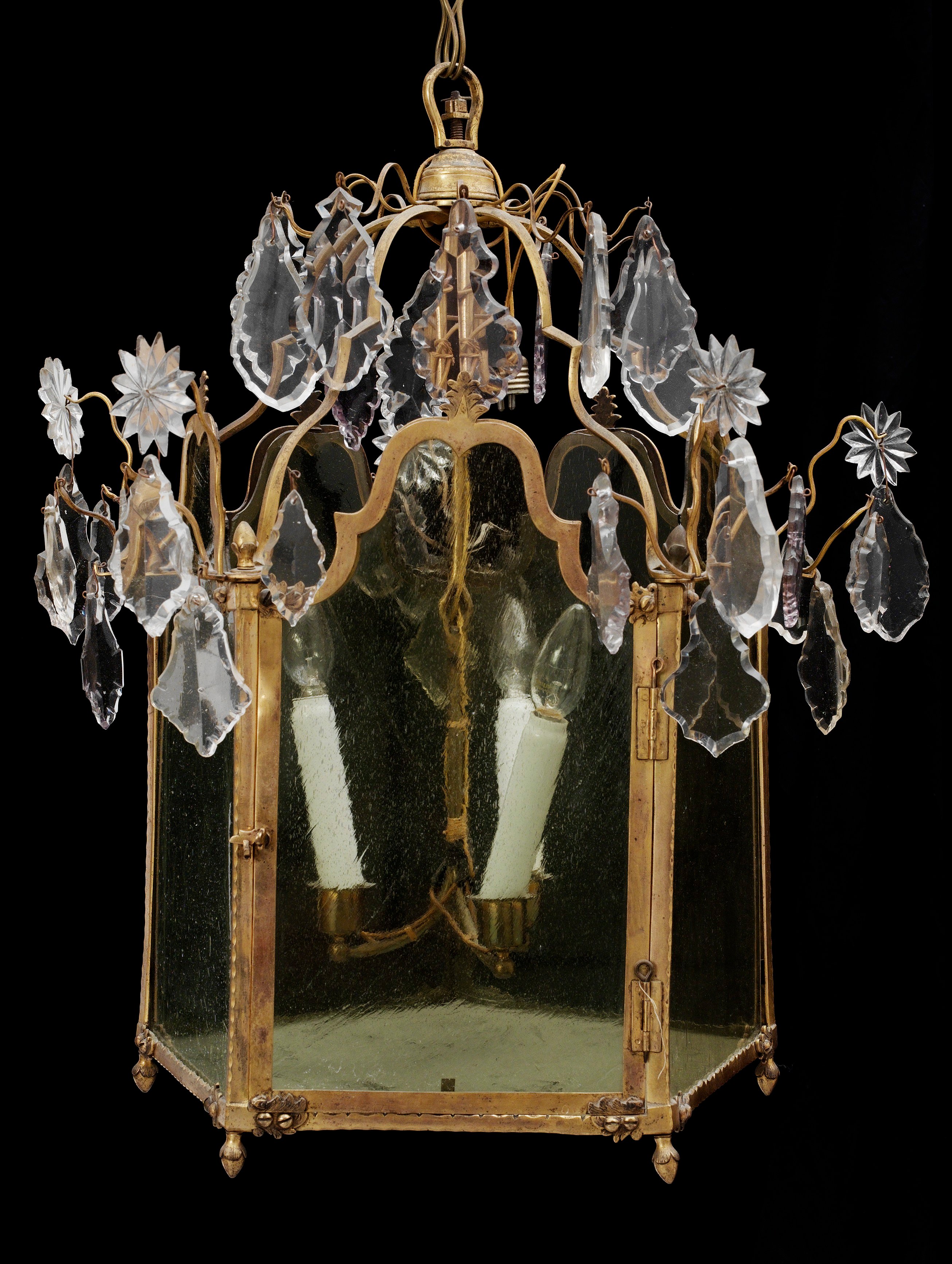 A Russian 18th century Rococo gilt bronze and glass three-light lantern ...