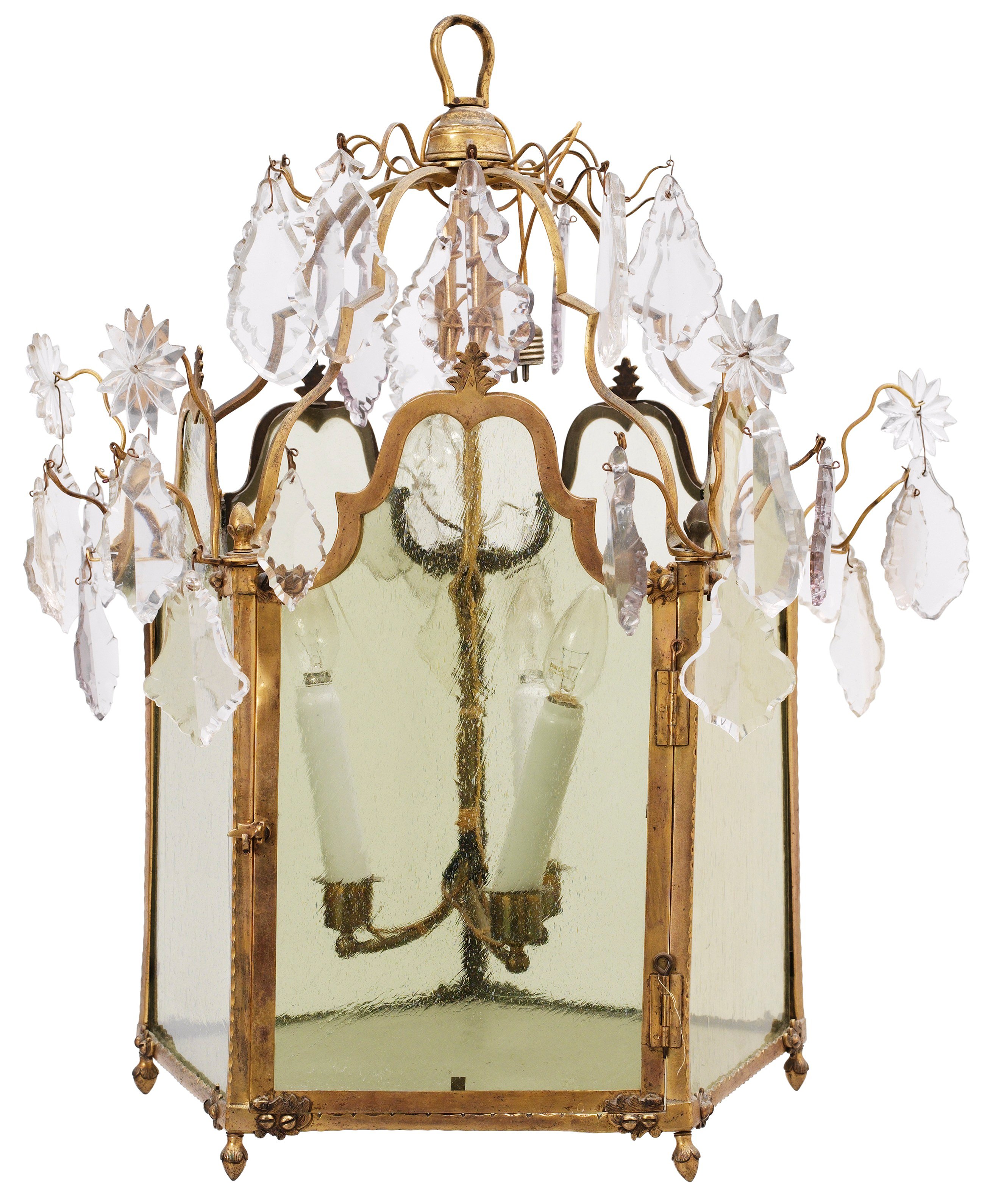 A Russian 18th century Rococo gilt bronze and glass three-light lantern ...