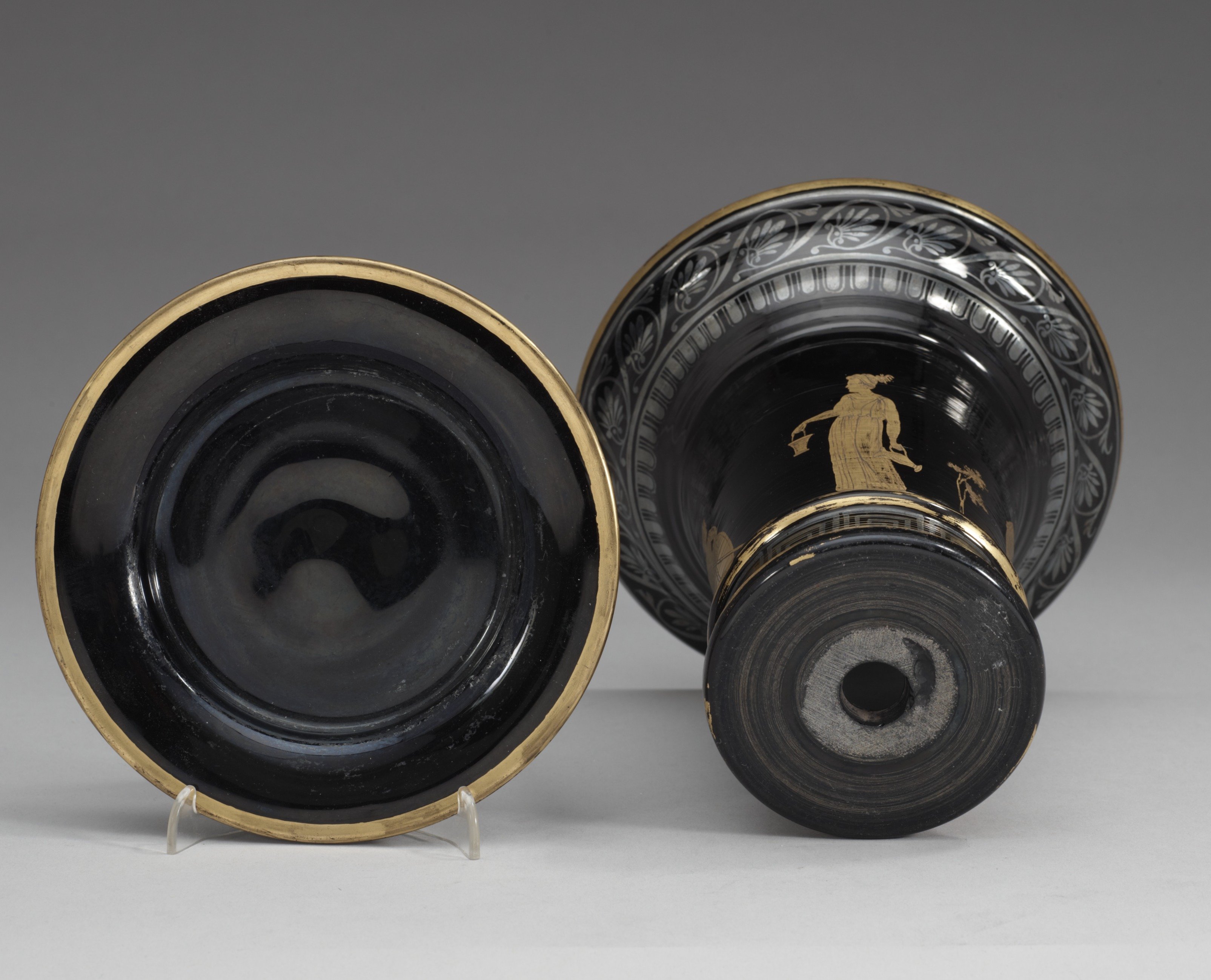 A Russian gilt black Etruscan style glass cache-pot with stand, circa ...