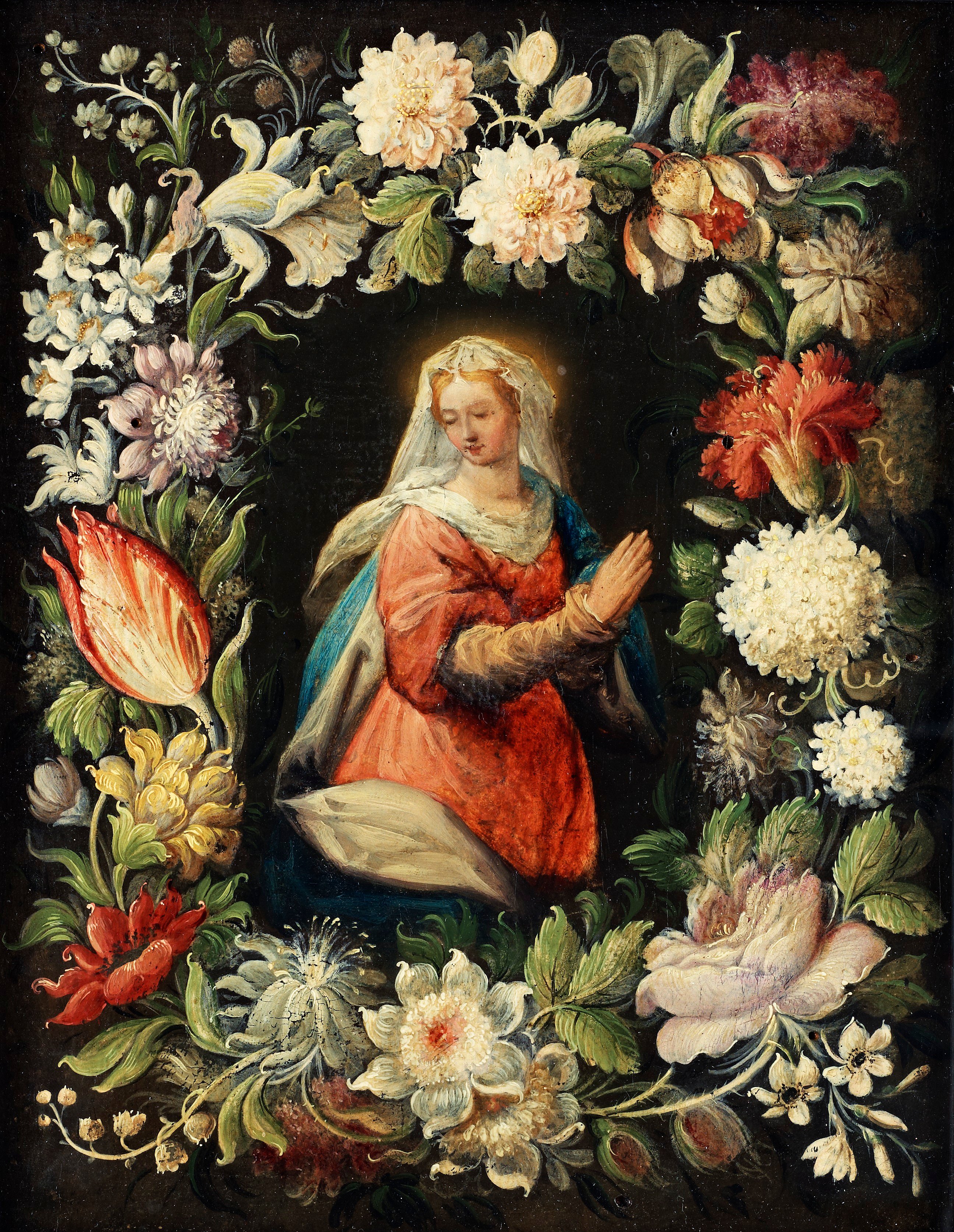Prag school ca 1600. The Virgin in prayer surrounded by flowers ...