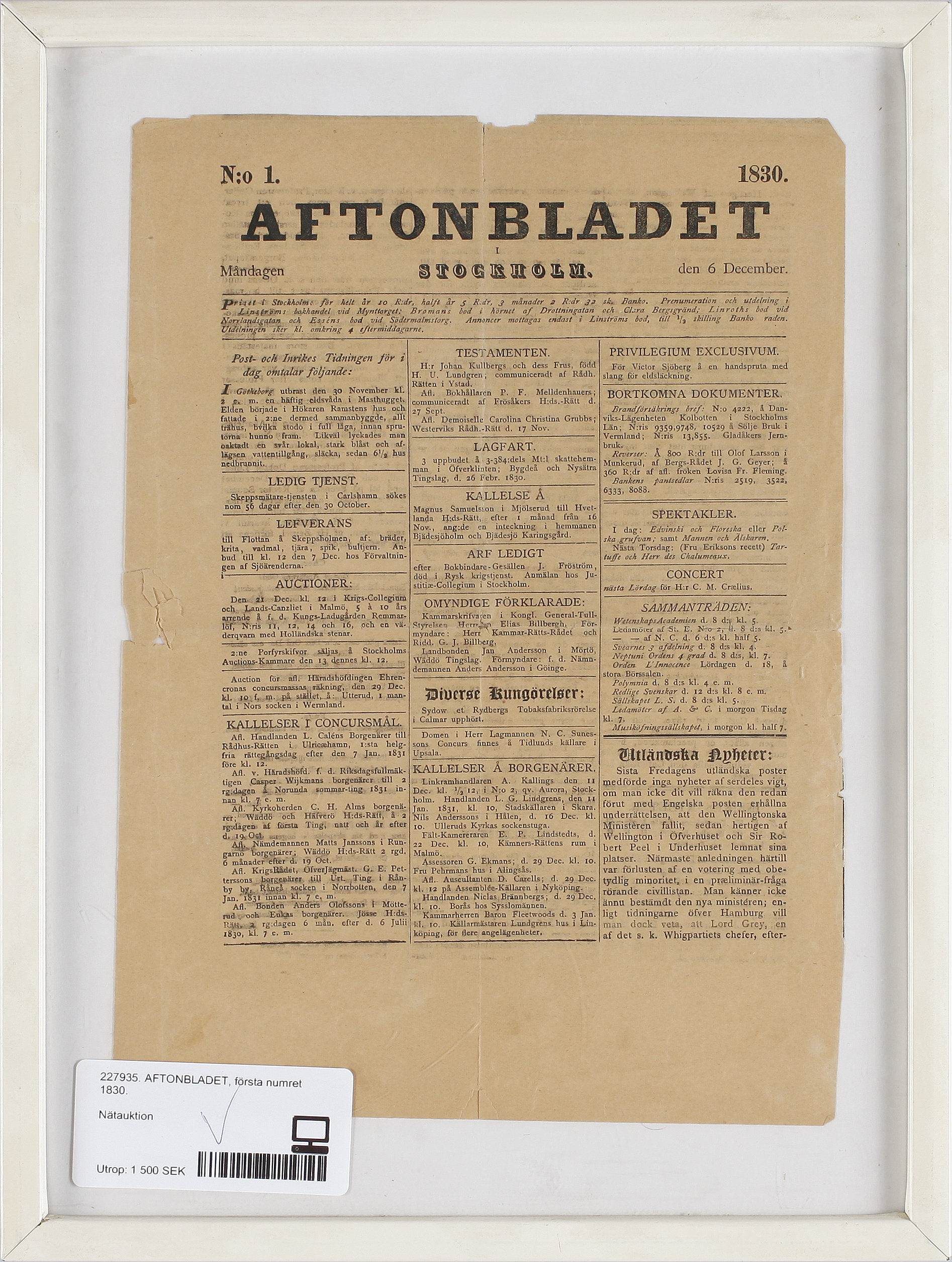 AFTONBLADET, första numret 1830. - Bukowskis