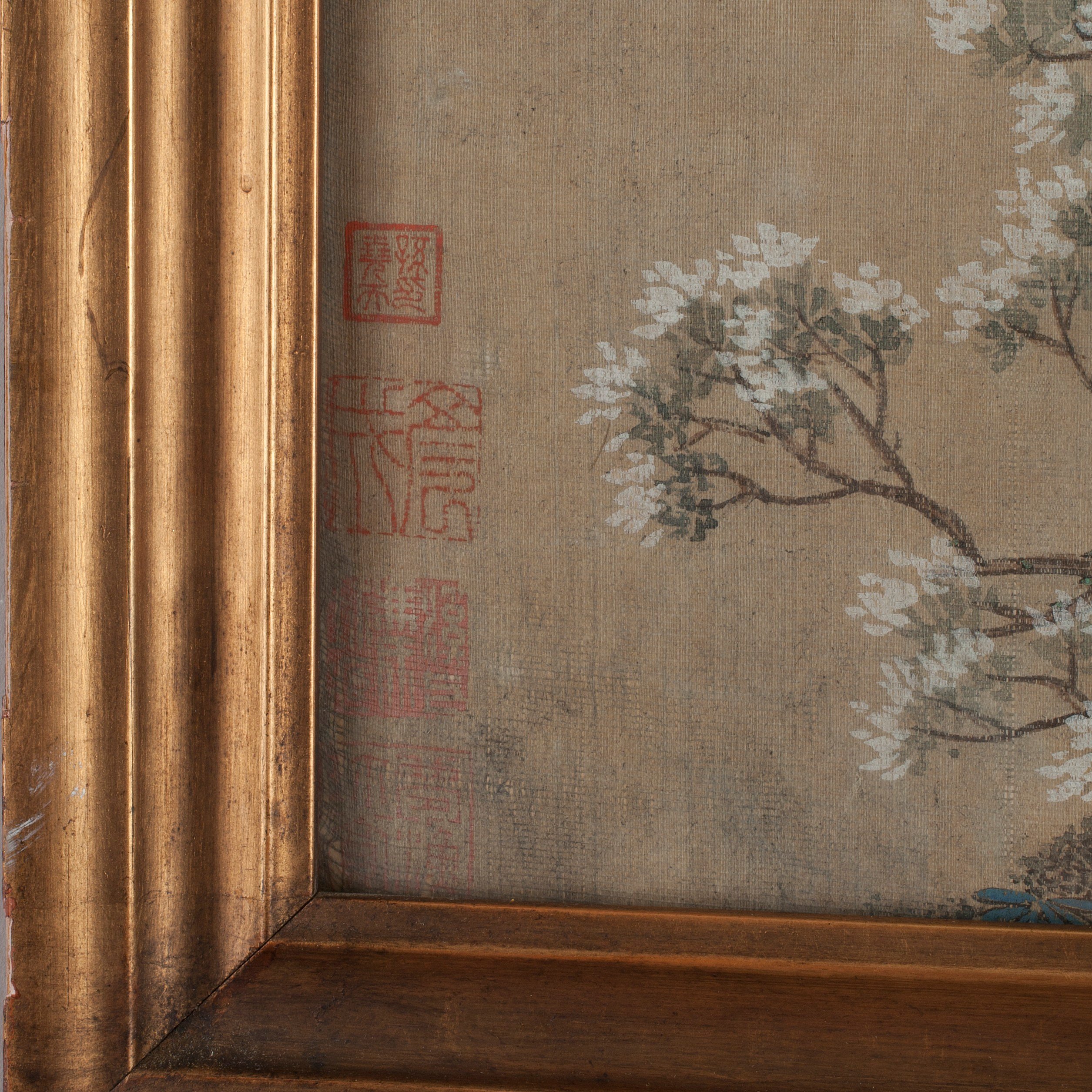 A hanging scroll of court attendants in a garden and with calligraphy ...