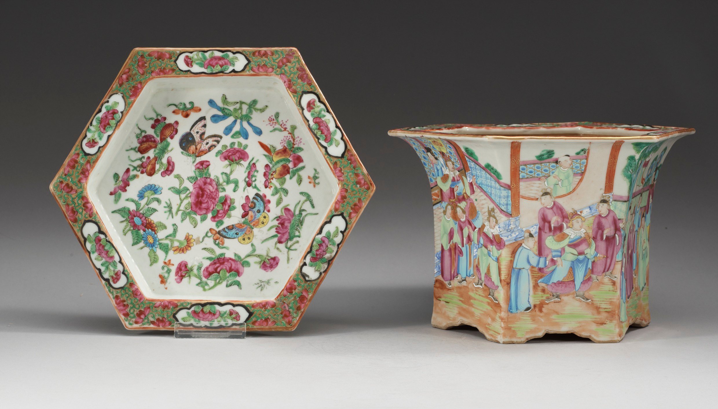 A Canton famille rose flower pot with stand, Qing dynasty, 19th Century ...
