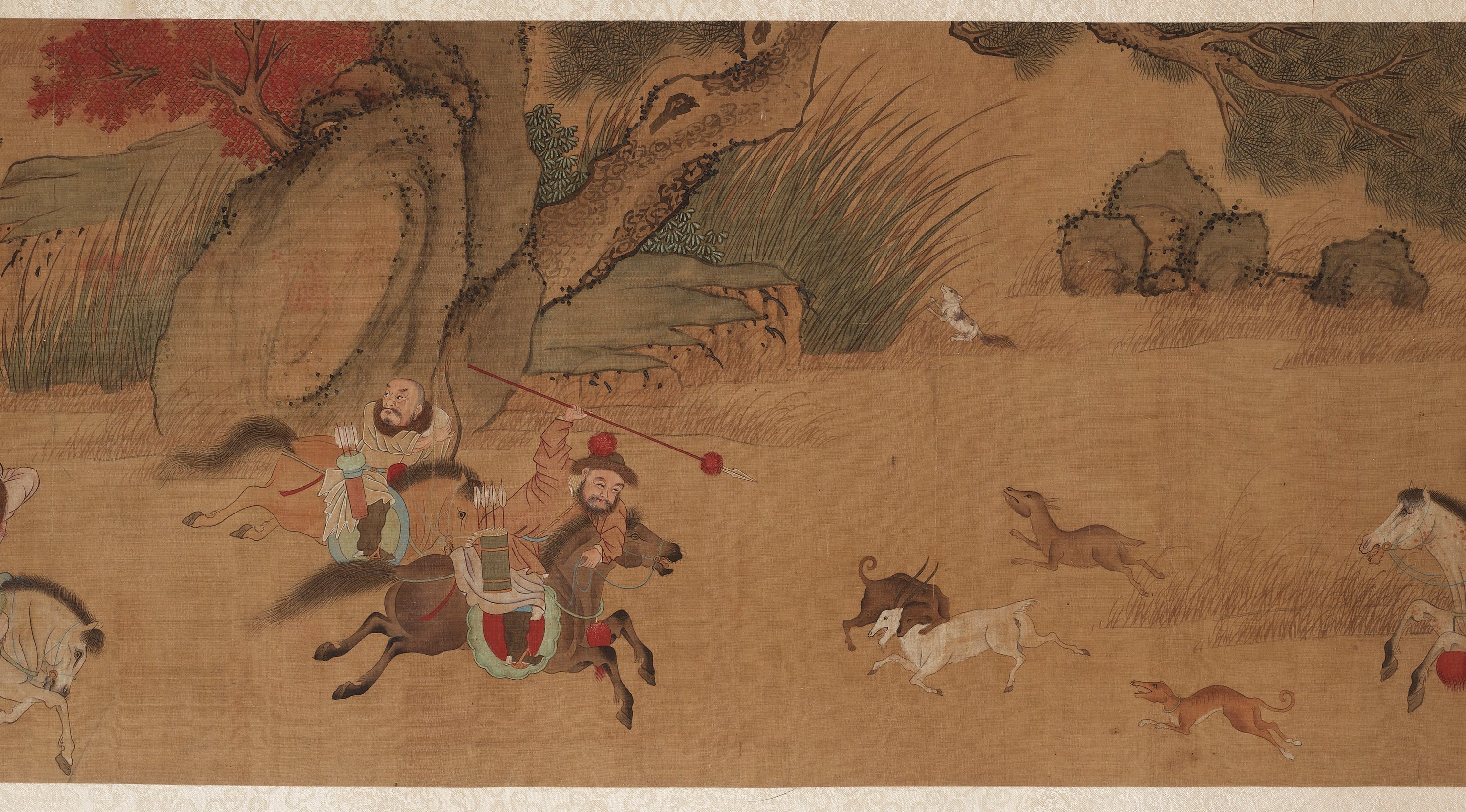 A fine handscroll of hunting scenes and with calligraphy, Qing dynasty ...