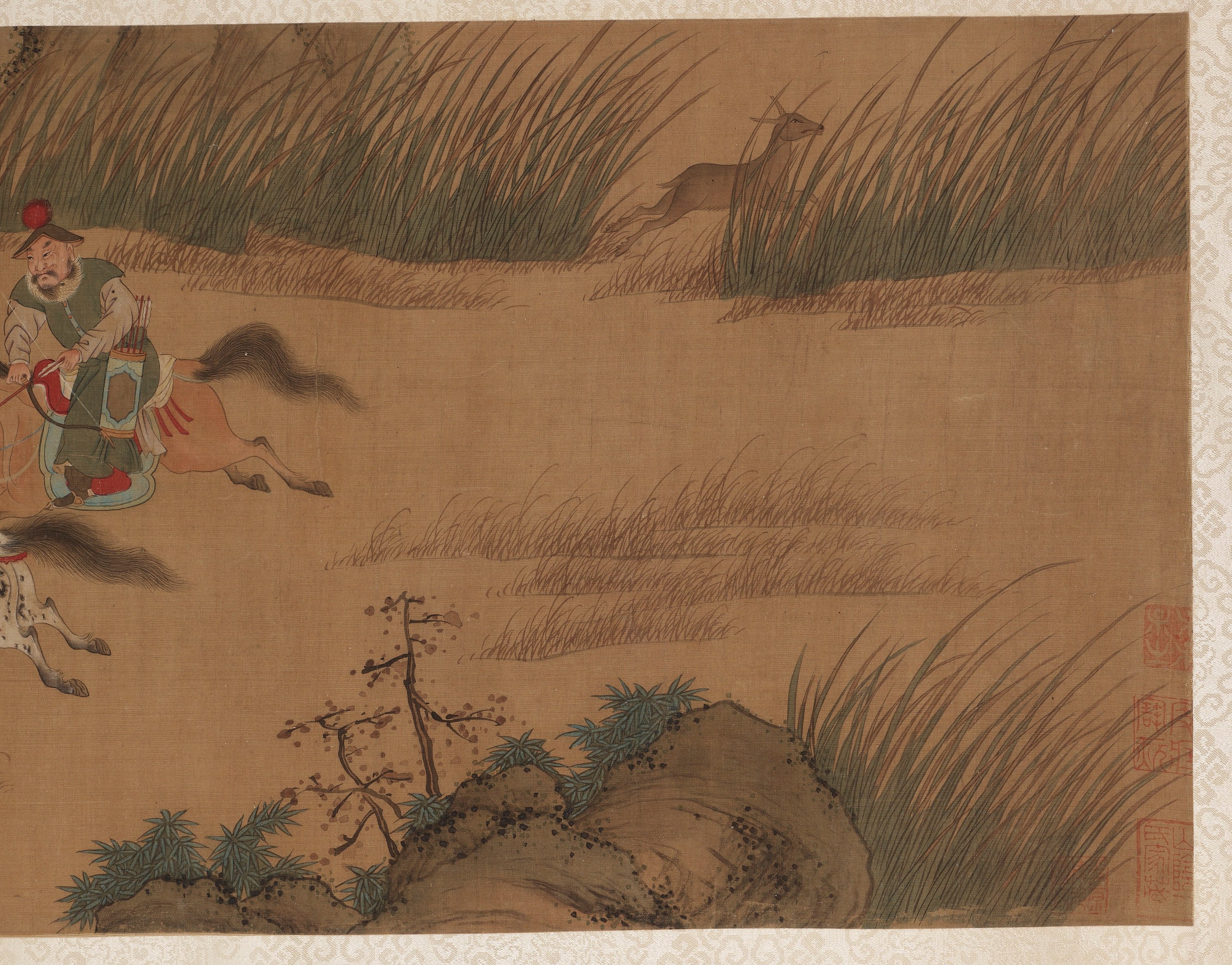 A fine handscroll of hunting scenes and with calligraphy, Qing dynasty ...