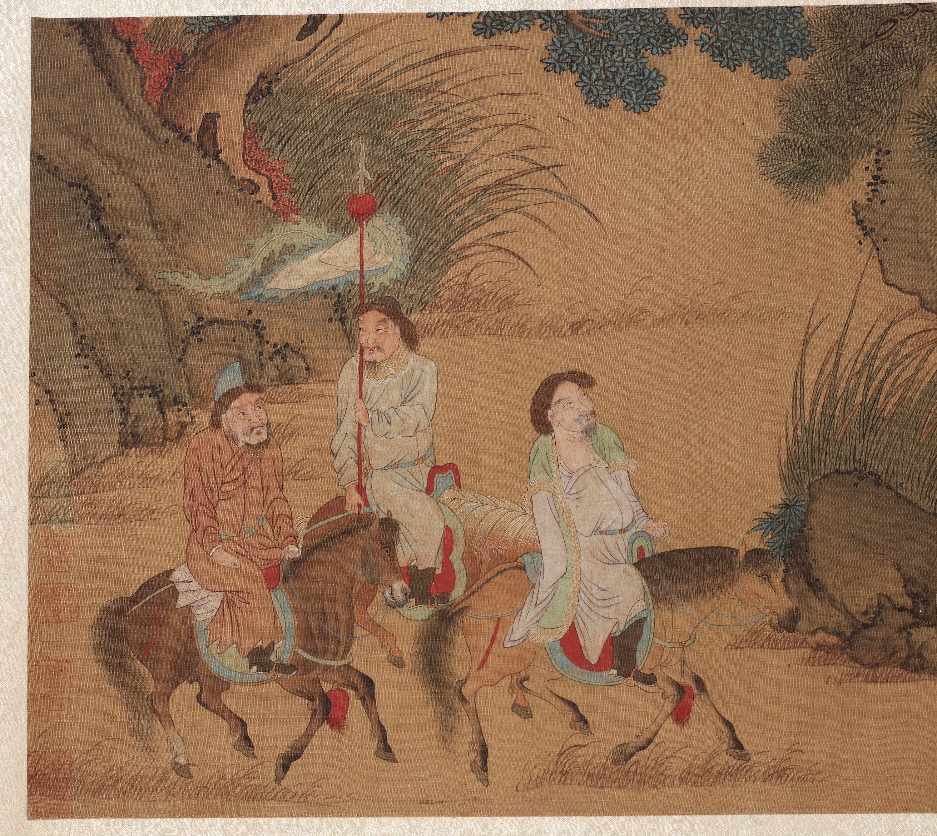 A fine handscroll of hunting scenes and with calligraphy, Qing dynasty ...