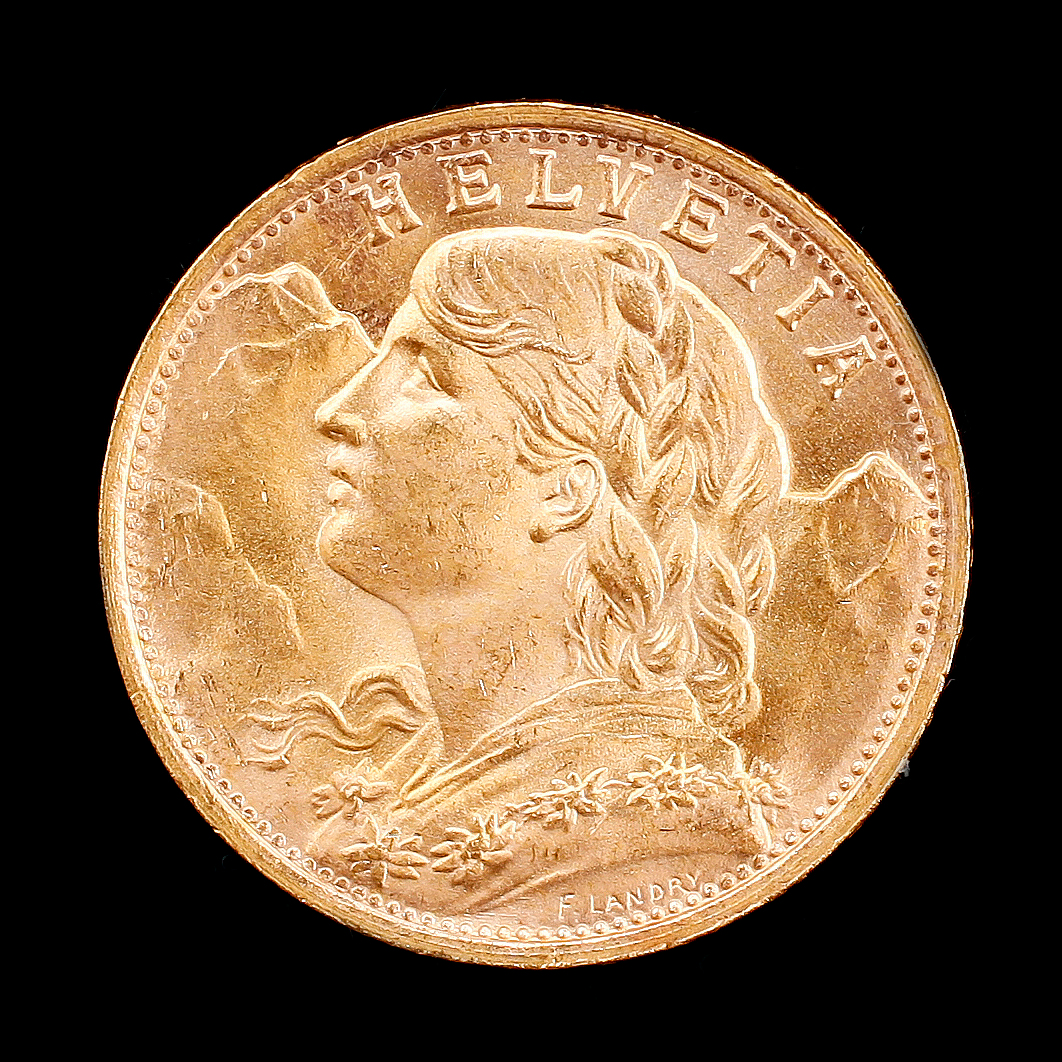 GULDMYNT, 900, Helvetia, 20 fr, 1947. Vikt ca 6 g. - Bukowskis