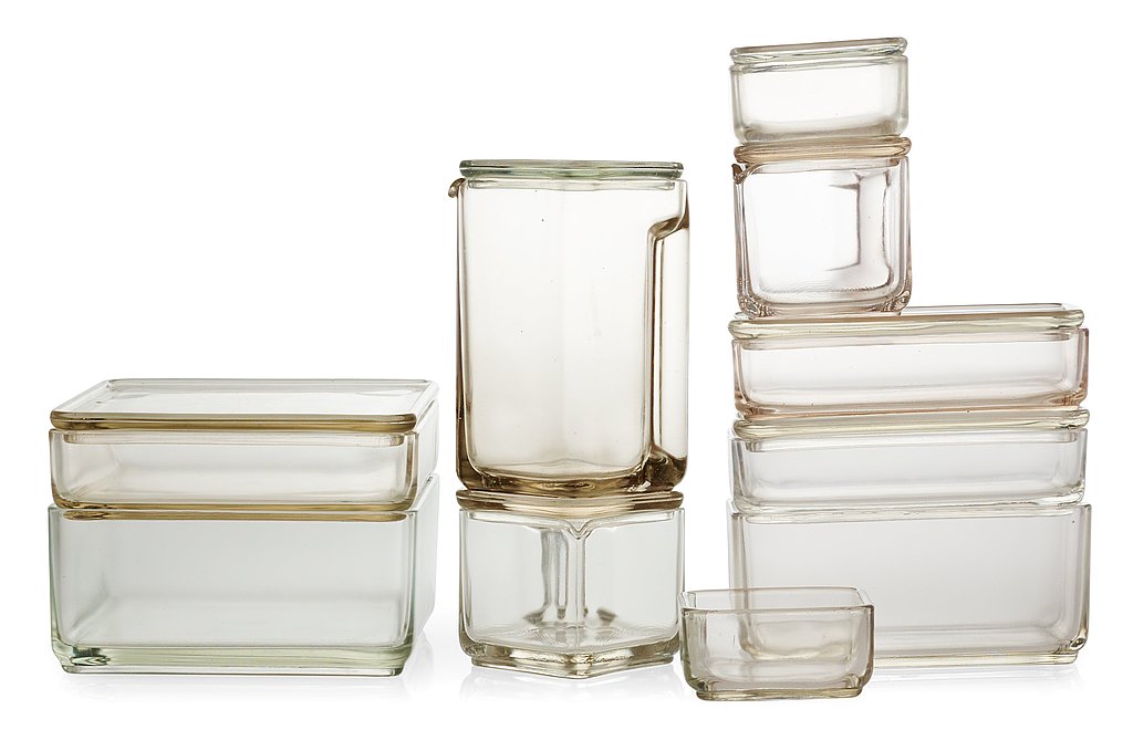 A Wilhelm Wagenfeld set of ten 'Kubus' stackable storage glass ...