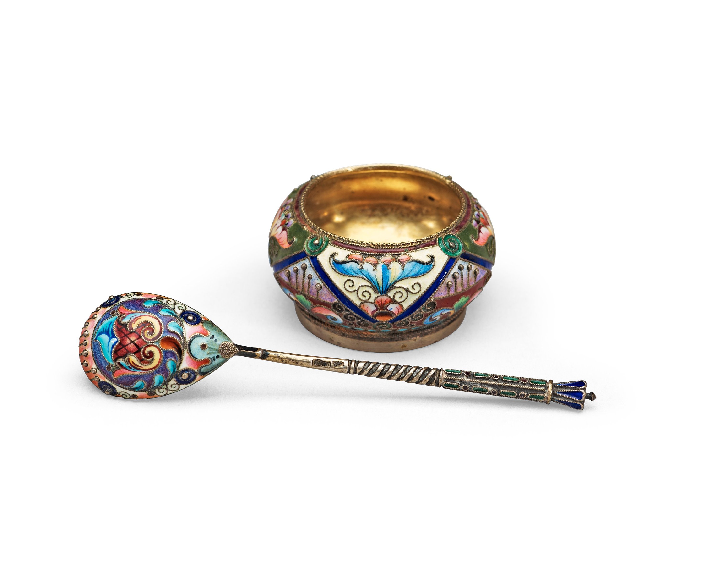 A Russian 19th century silver-gilt and enamel salt and coffee-spoon ...