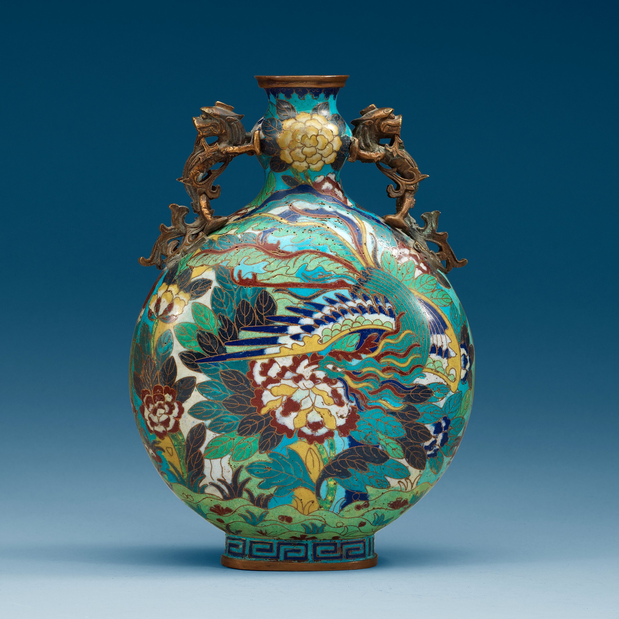 A cloisonné moon flask decorated with phoenix birds and flowers, Qing ...
