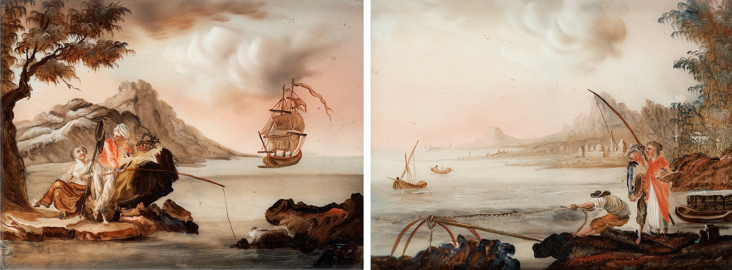 Italian coastal scenes with figures and boats. - Bukowskis