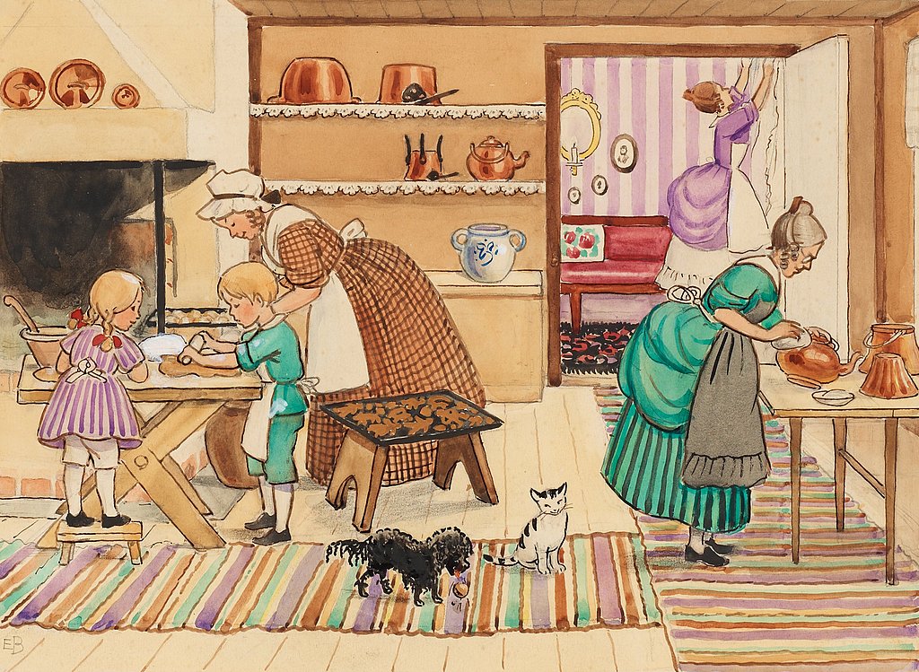 Elsa Beskow, Tant Brun bakar pepparkakor med Petter och Lotta. - Bukowskis