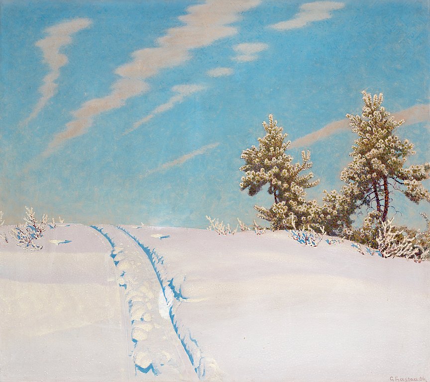 Gustaf Fjaestad, Ski tracks in snow clad landscape. - Bukowskis