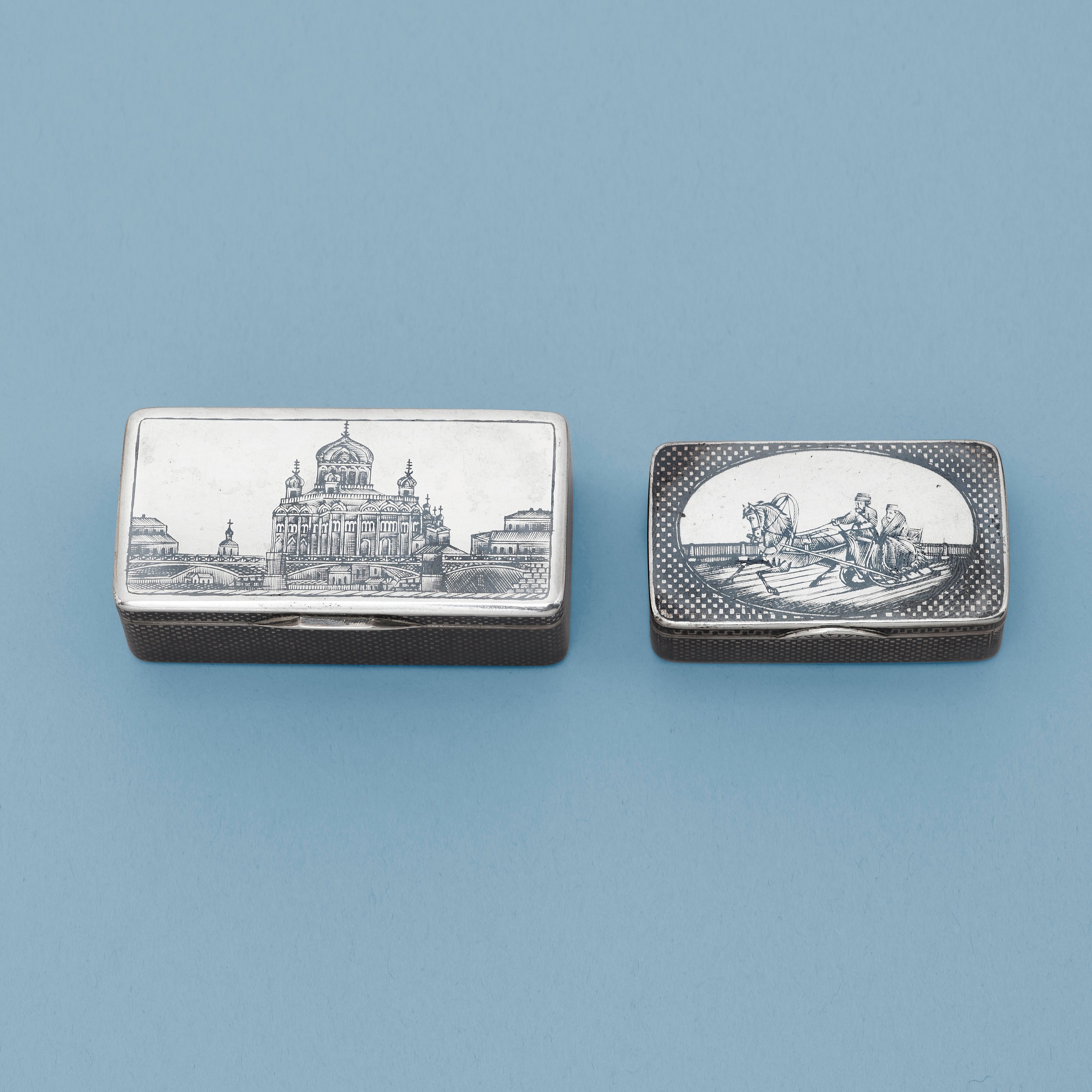 Two Russian parcel-gilt and niello snuff-boxes, marks of Chlebnikov ...