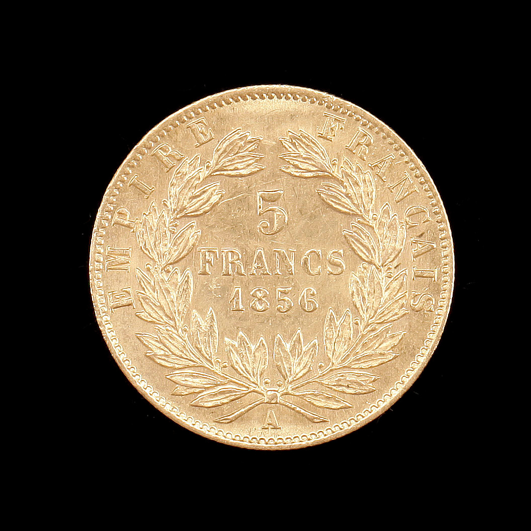 MYNT, 21, 6K guld, 5 franc, Napoleon III, Frankrike, 1856. Vikt ca 1,6g ...